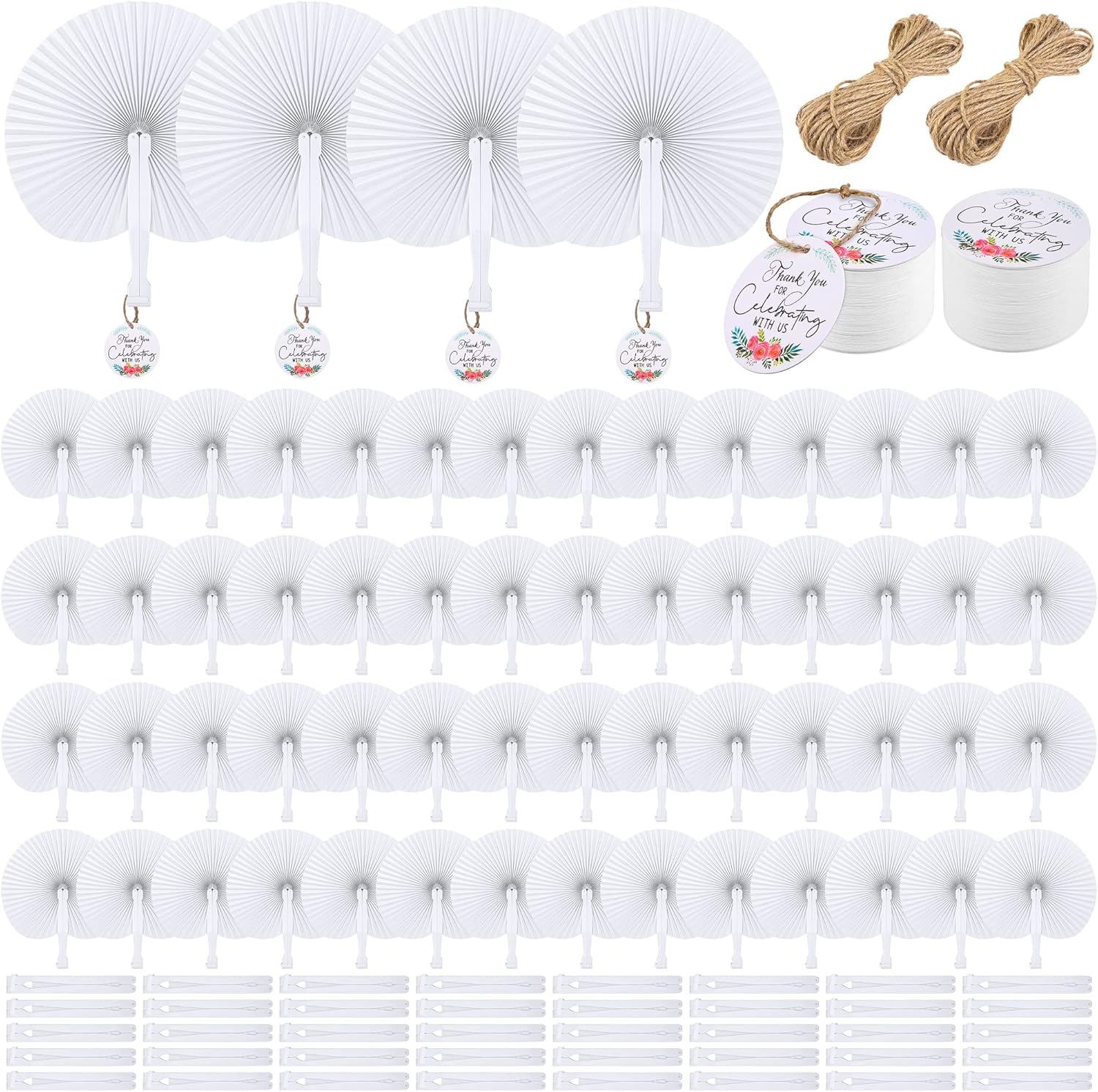 MCEAST 100 Pack White Folding Handheld Paper Fans with Tags, Round ...