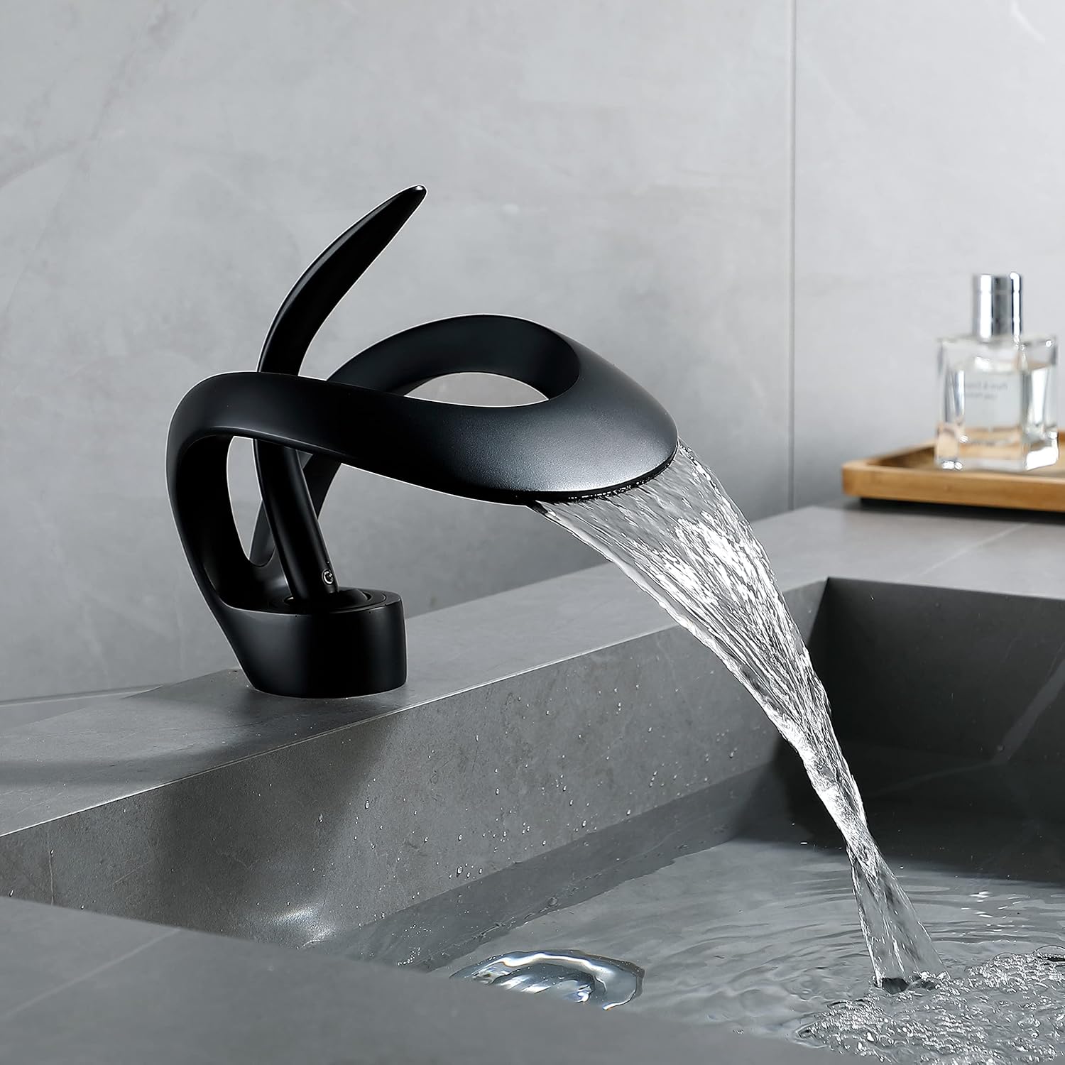 HiMyLEN Black Waterfall Bathroom Faucet Single Handle Modern Bathroom ...