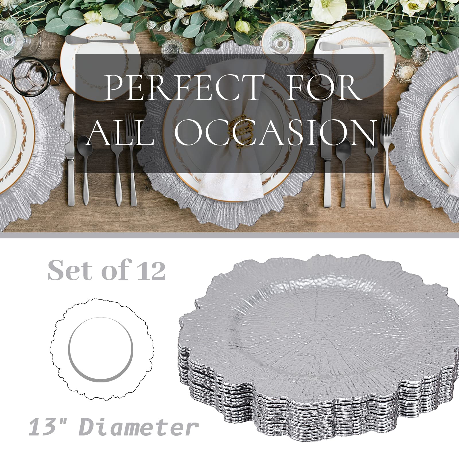 Snapklik.com : 13" Silver Charger Plates, Round Reef Chargers For ...
