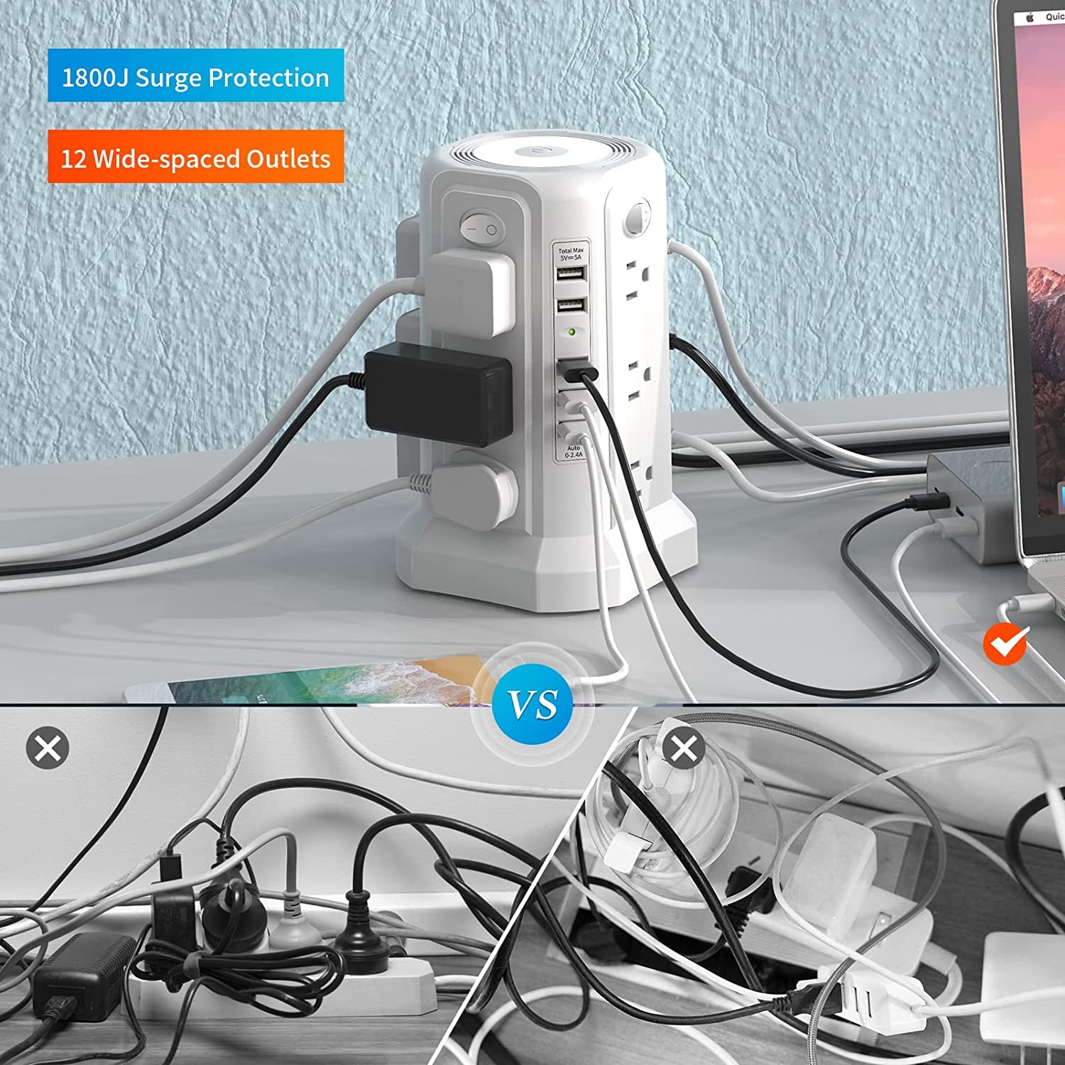 Outlet Extender Surge Protector Power Bar Tower With 5 USB Ports And ...