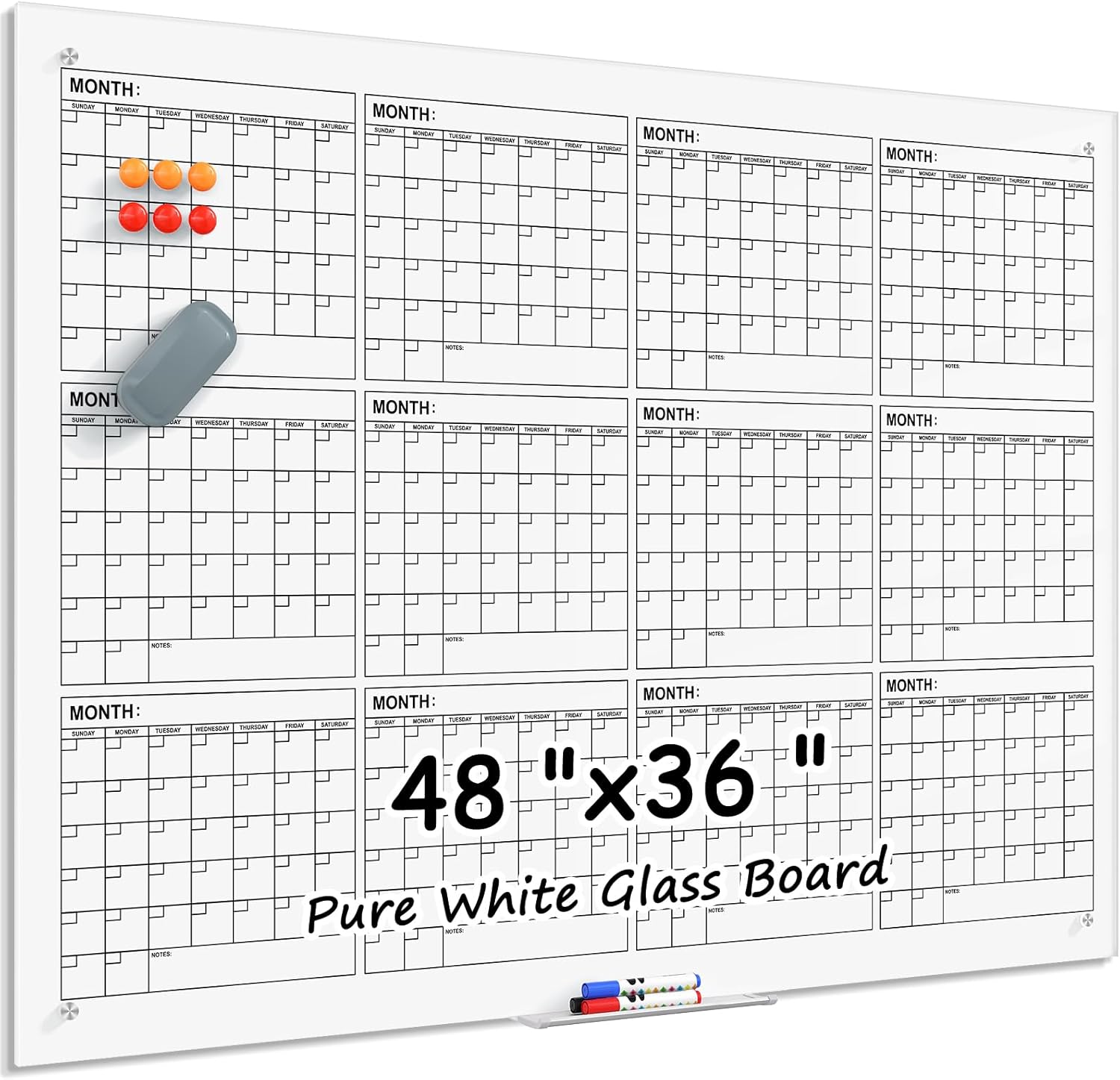 Amazon.com : MaxGear Yearly Glass White Board Calendar 48" x 36", Magnetic Glass Dry Erase Board ...