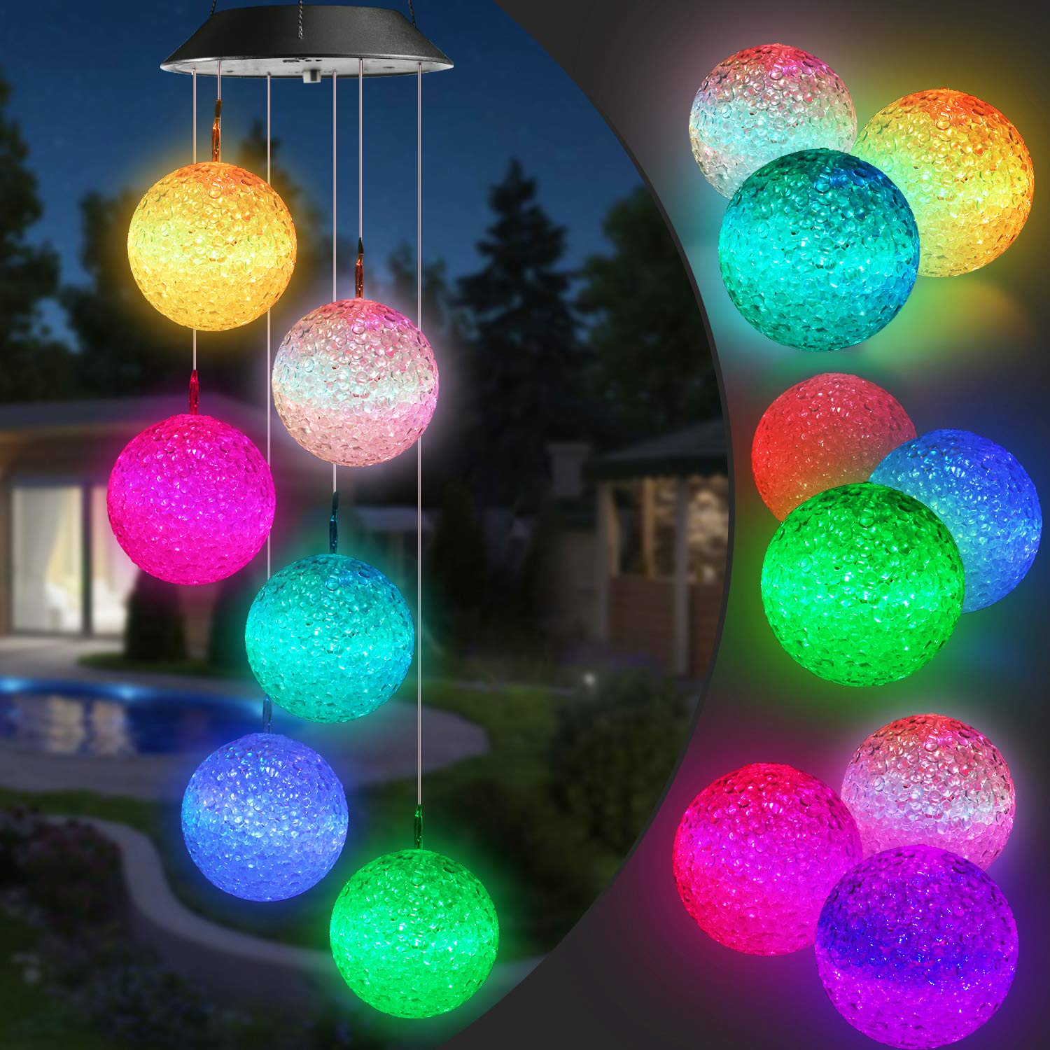 Toodour Solar String Lights, Color Changing Solar Ball Wind Chimes, LED ...
