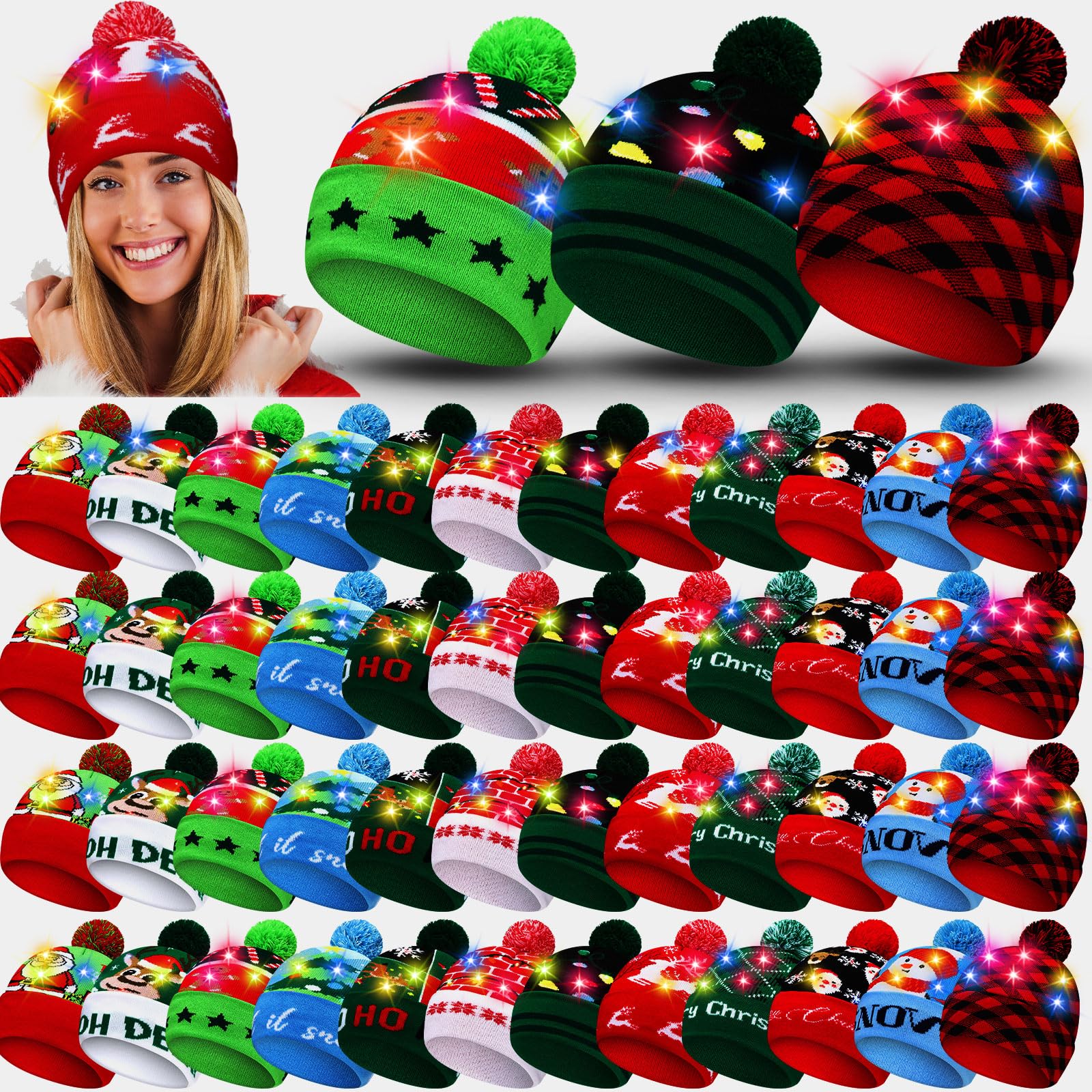 Liitrsh 48 Pieces LED Light Up Christmas Beanie Hats Bulk in 12 Styles ...