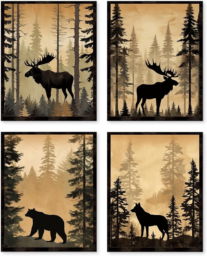 Amazon.com: PUHEI Wild Animals Camping Hunting Wall Art Prints Set of 4 ...