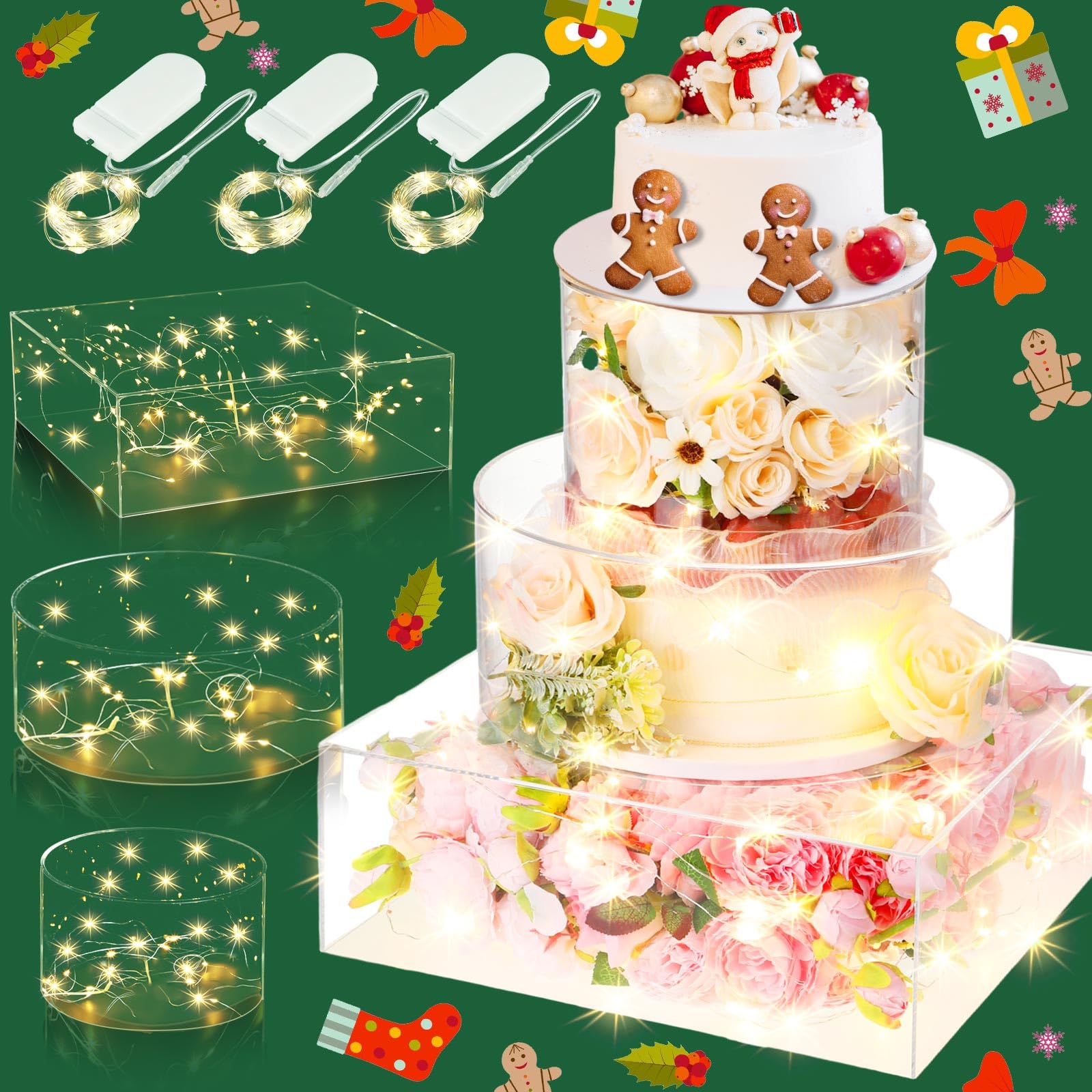 Bokon 3 Pcs Acrylic Cake Stands with LED Lights Clear Fillable Cake ...