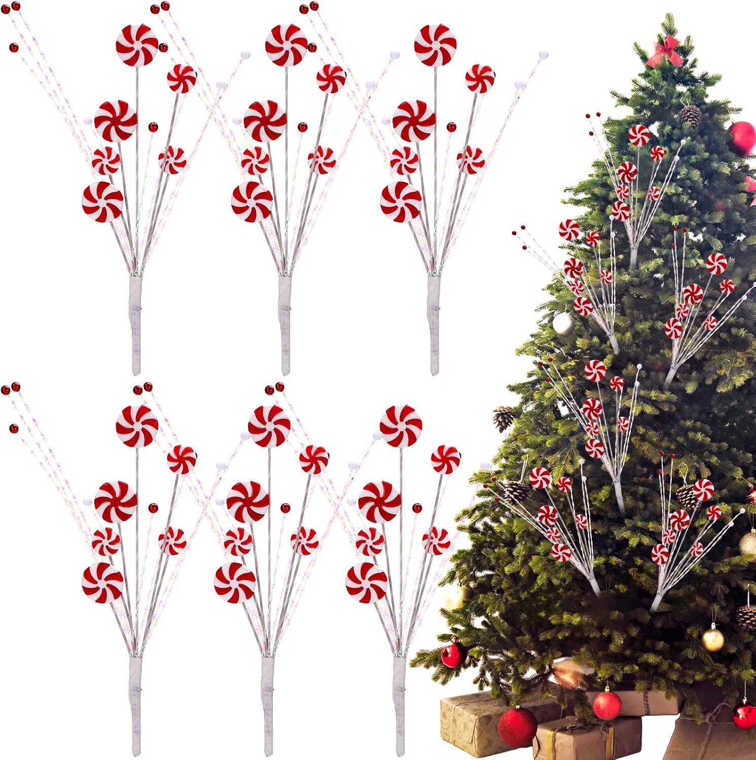 Amazon.com: Suncalla 6 Pcs Candy Cane Christmas Tree Picks Red White ...