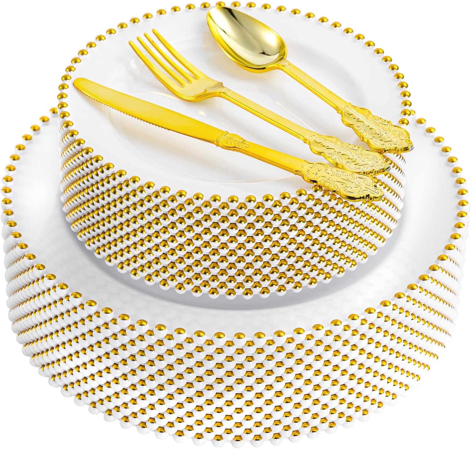 Amazon.com: HOMIP 75PCS Gold Plastic Plate Set with Bead Rimmed, Heavy ...
