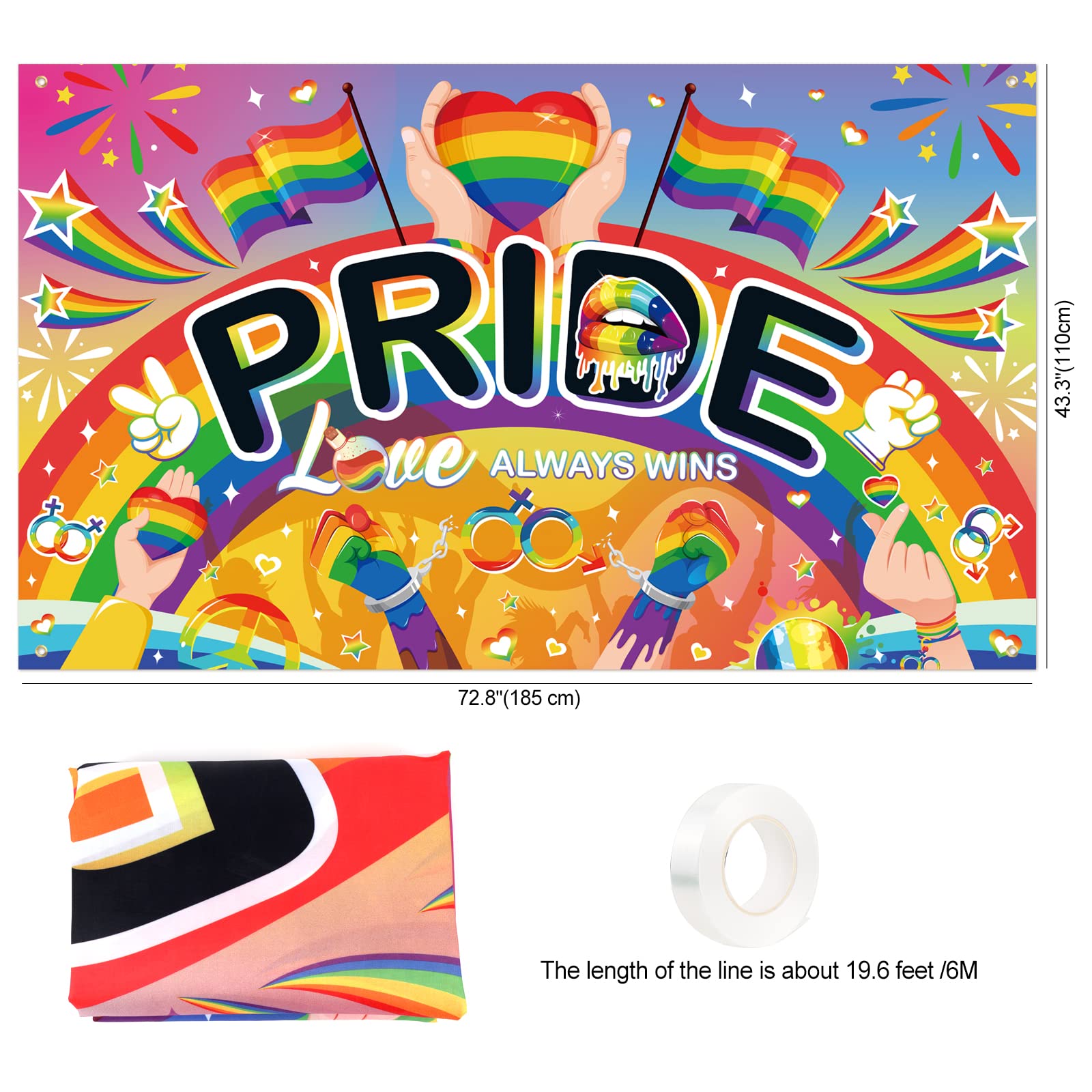 DPKOW Large Rainbow Pride Banner Flag for LGBT Decoration, Rainbow Gay ...