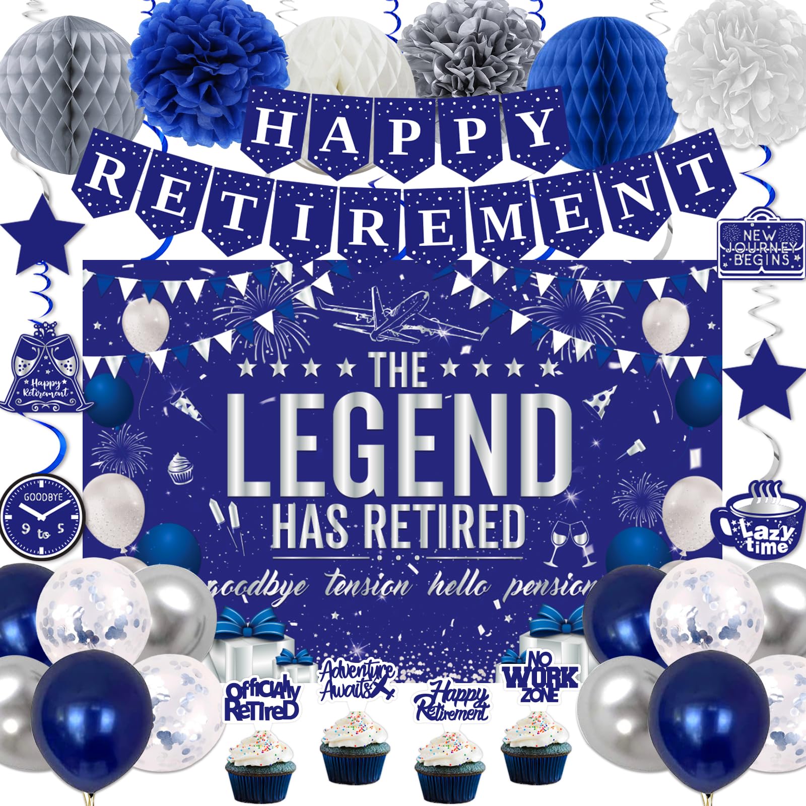 Amazon.com: Retirement Party Decorations Blue Silver Happy Retirement ...