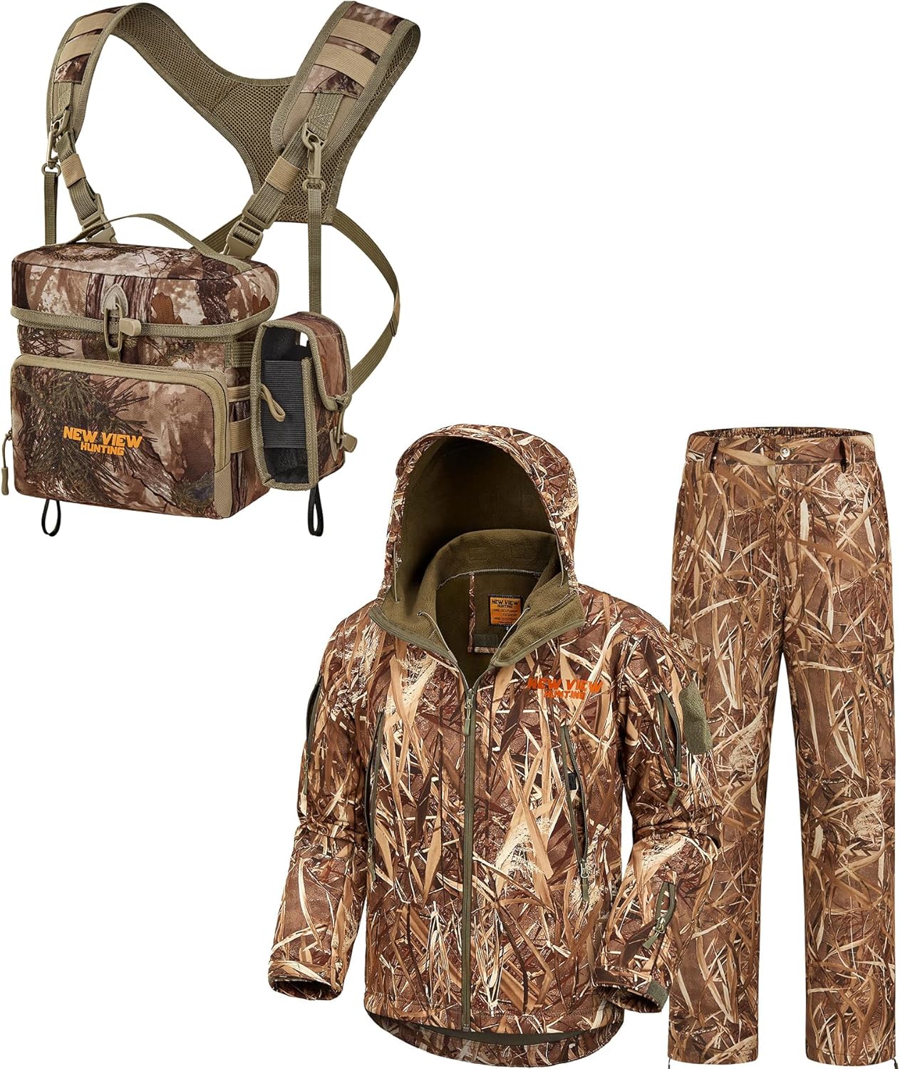 Amazon.com: Size M Reed Camo Hunting Suit and Large Bino Chest Pack ...