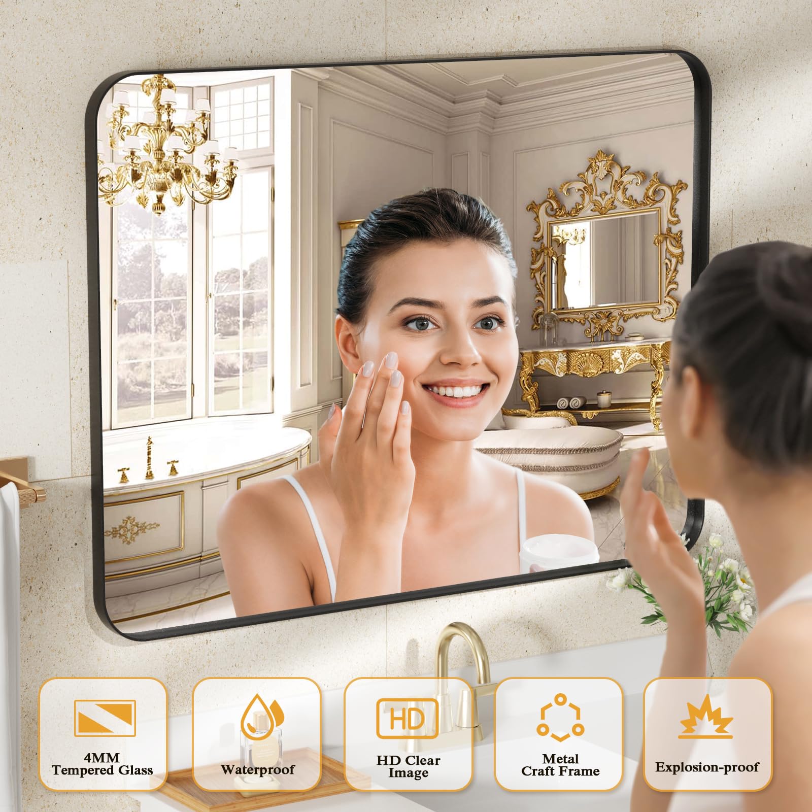 Snapklik.com : Black Bathroom Mirrors For Wall, 36X30 Inch Rounded Rectangle Mirror, Matte Black ...