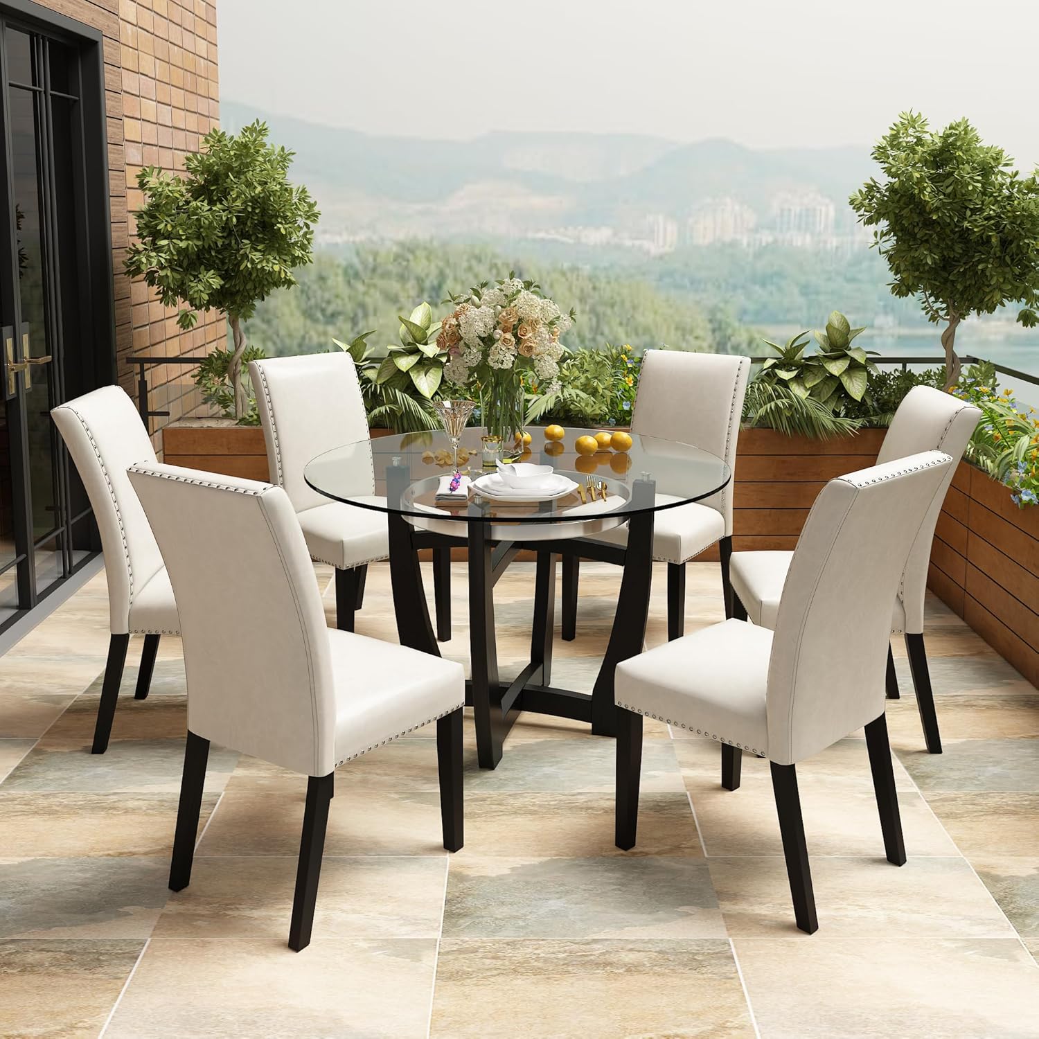 Amazon.com - Tempered Glass Dining Table Chair Set with 6 Leather ...