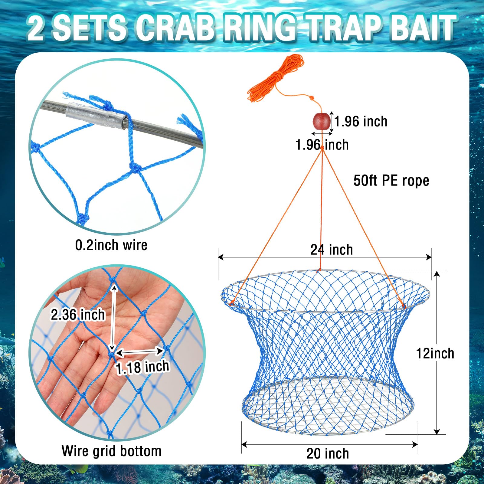 Windyun 2 Sets Crab Trap Bait Wire Grid Bottom Crab Nets Foldable ...
