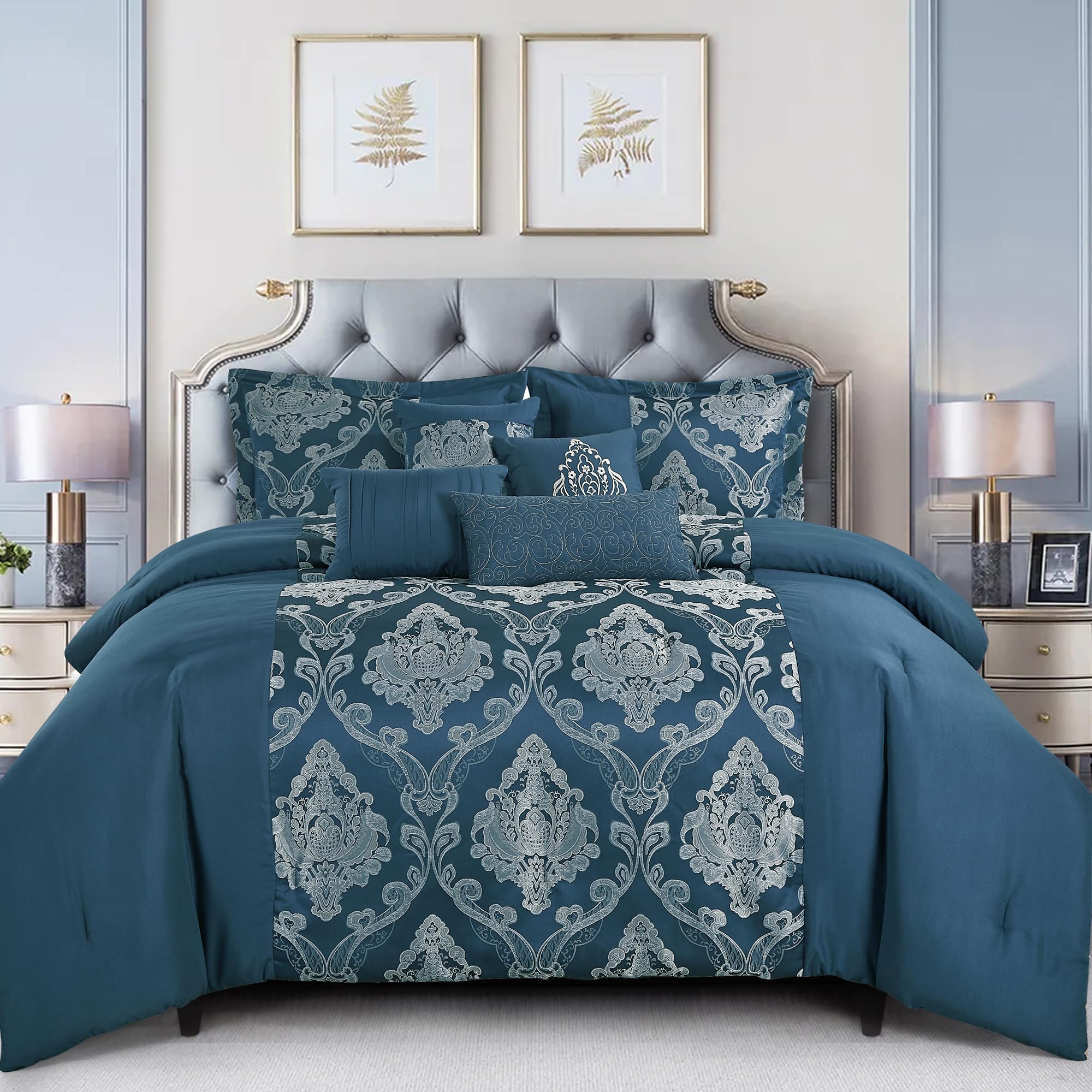Amazon.com: ESCA 7-Piece Daryl Blue & Silver Medallion Jacquard ...