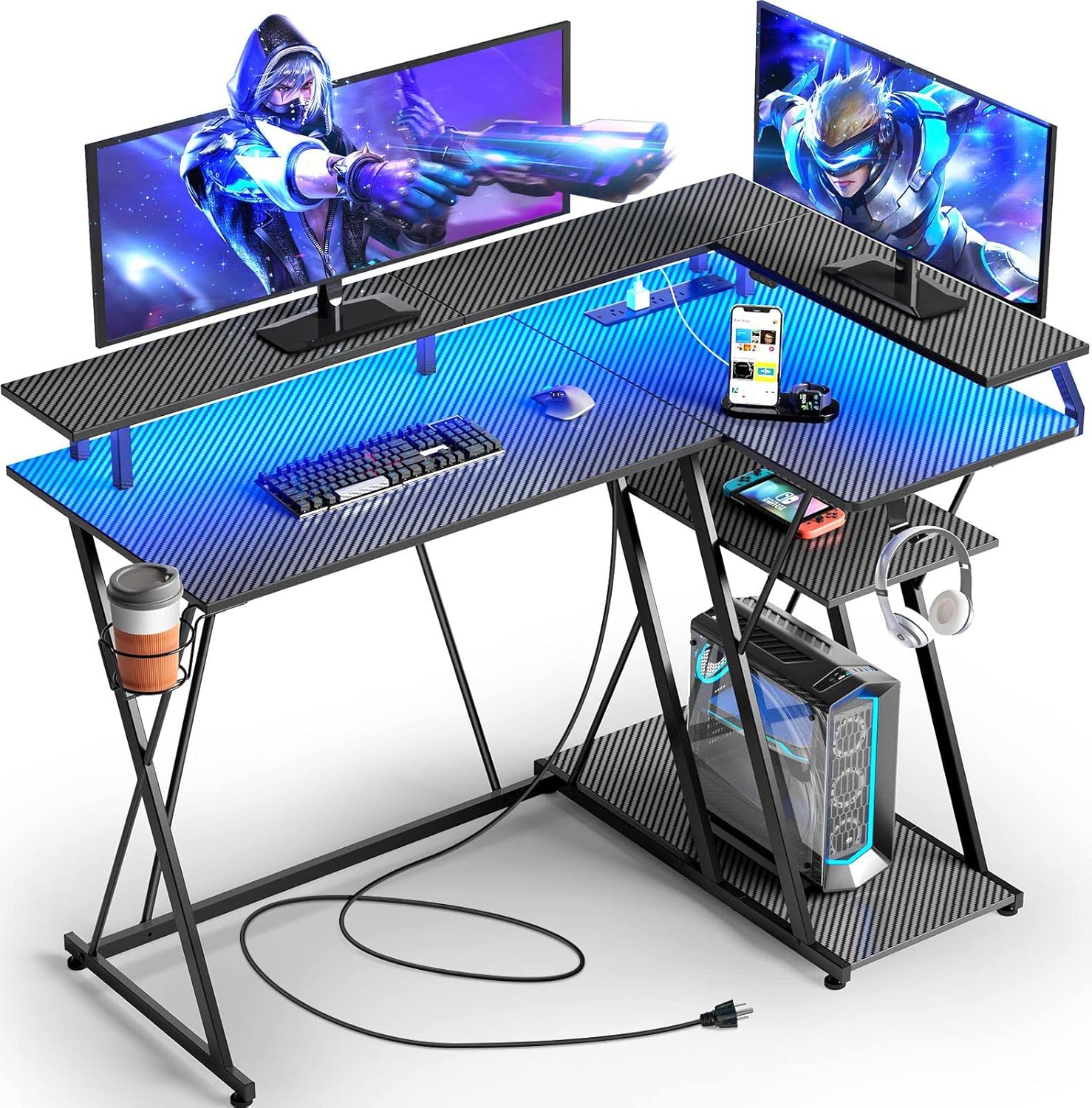 Amazon.com: SEVEN WARRIOR L Shaped Gaming Desk with LED Lights & Power ...
