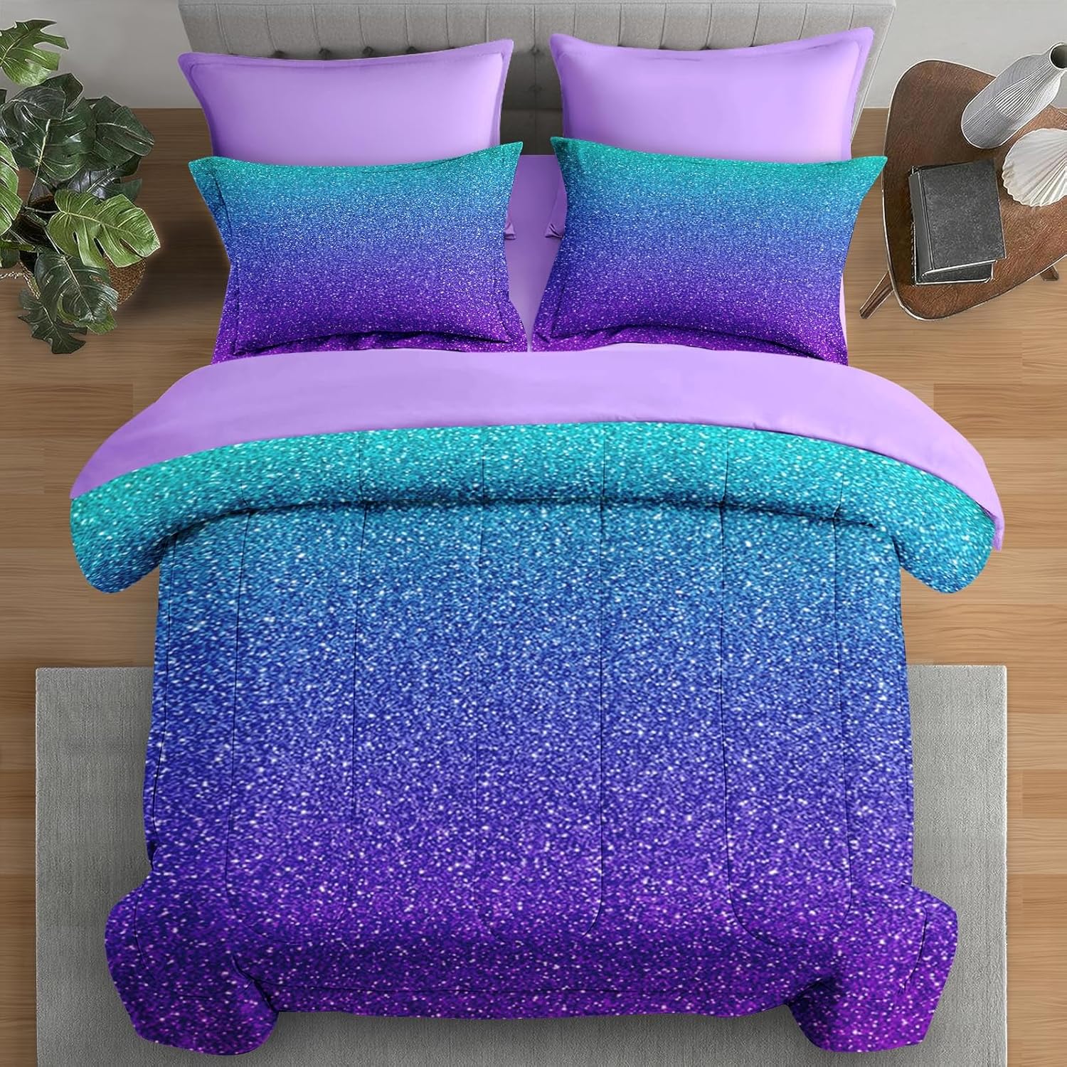 Amazon.com: Pamnest Comforter Set Queen Size, Colorful Purple Glitter 7 ...