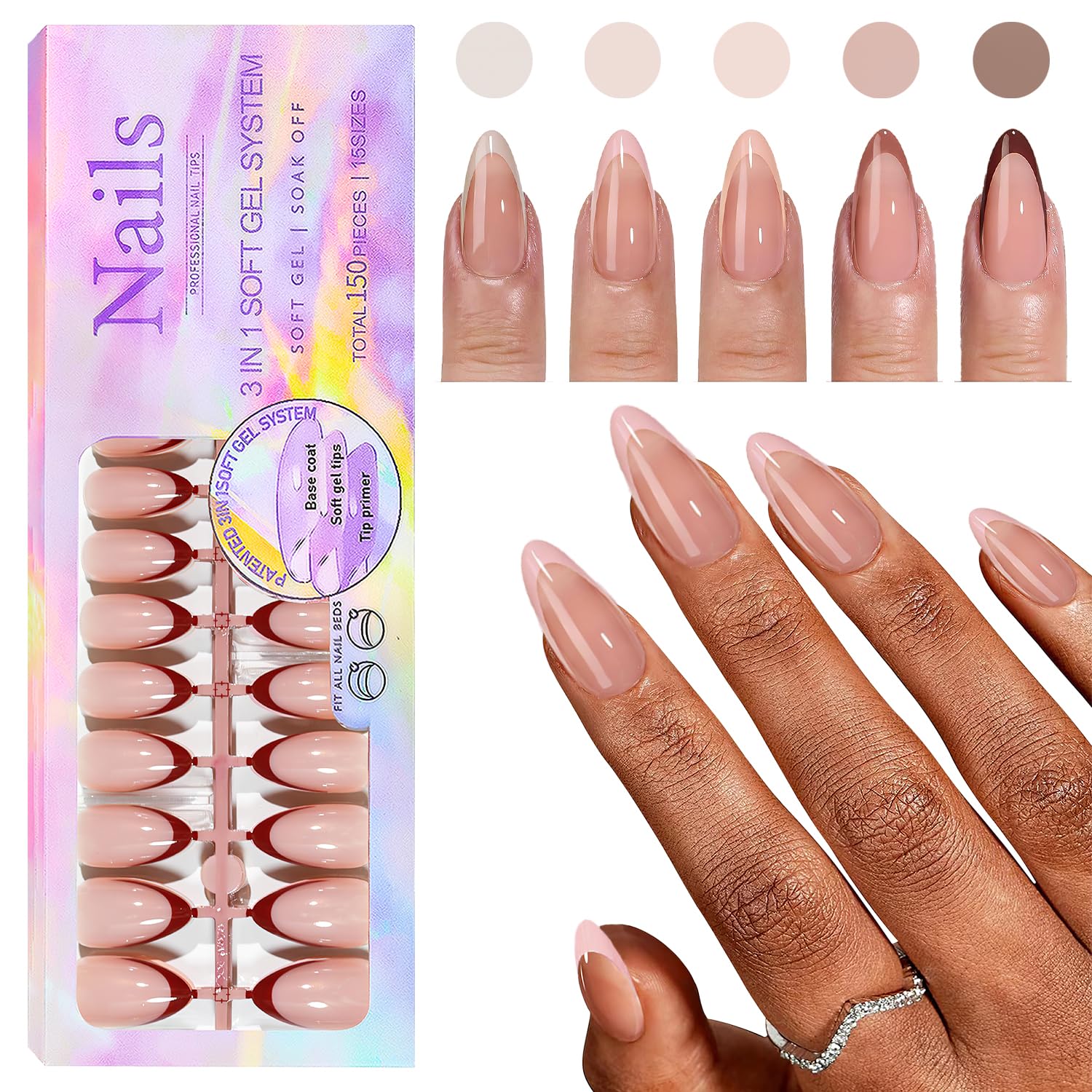 Amazon.com: CHANGAR French Gel Nail Tips, 150Pcs Almond French Tip ...