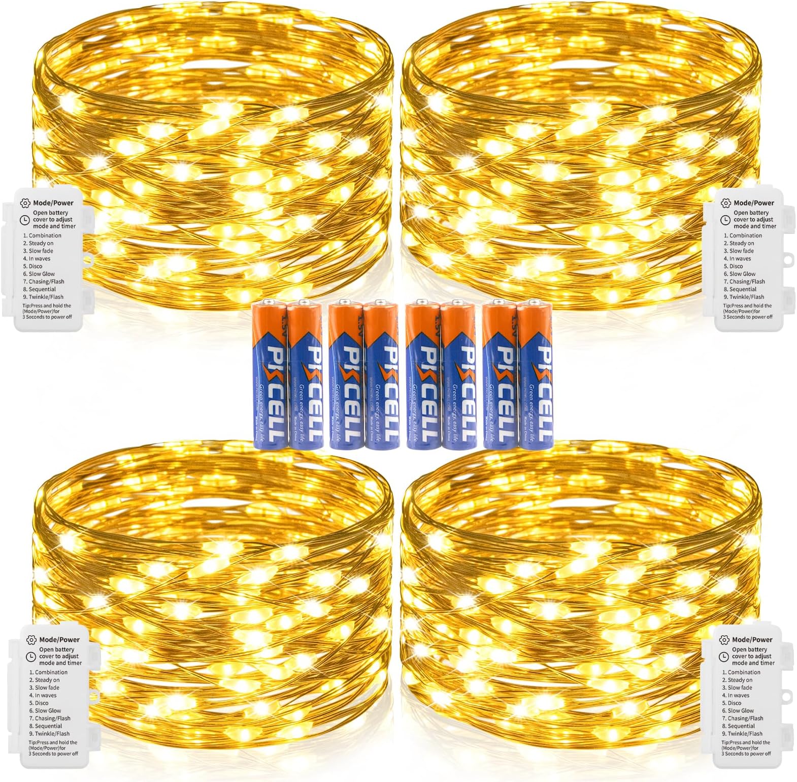 Koopower 4 Pack 50 LEDs Fairy Lights with Timer, Batteries and 9 Modes ...