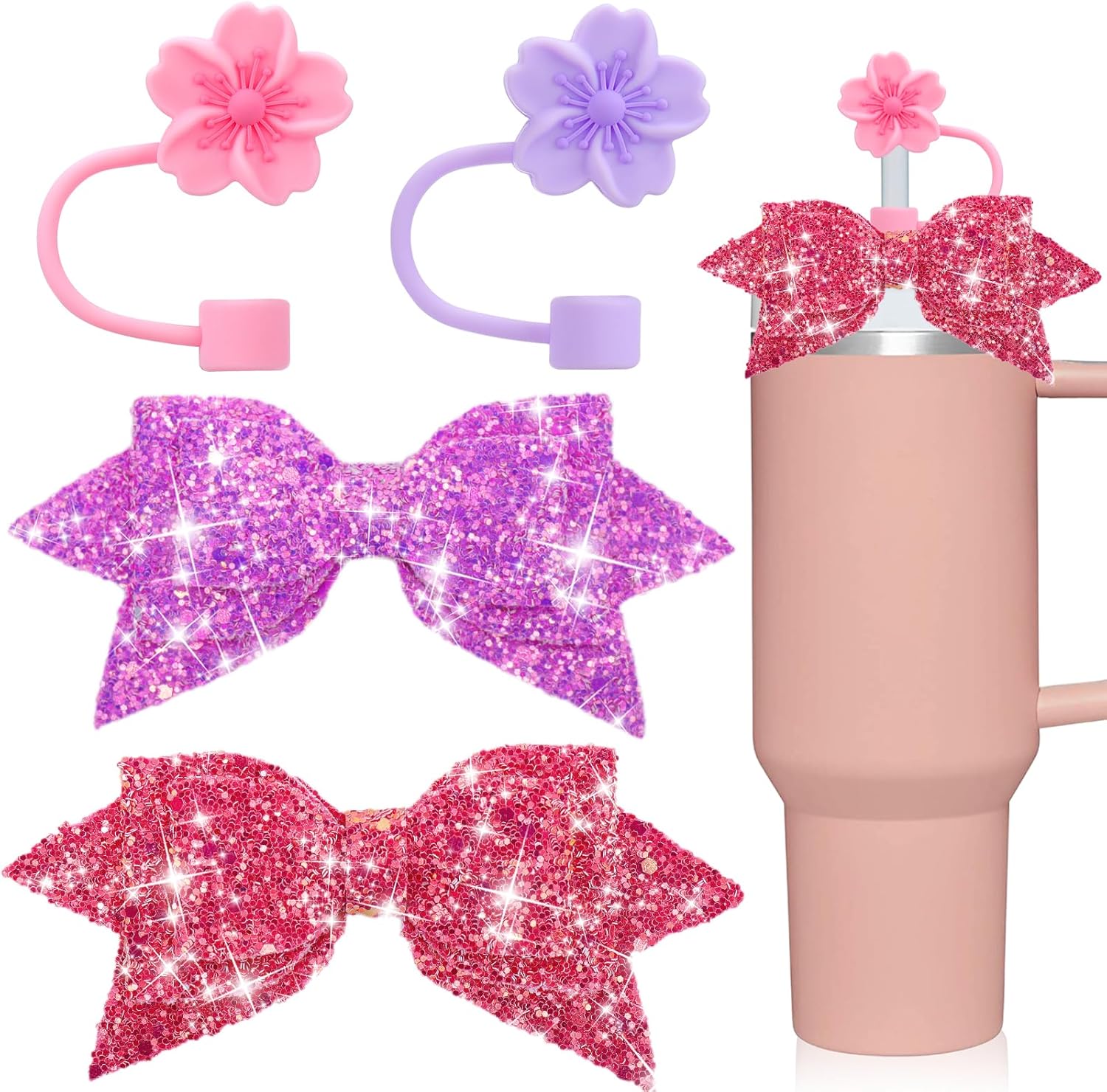 Amazon.com: AIERSA Glitter Bow Toppers and Flower Straw Covers for ...