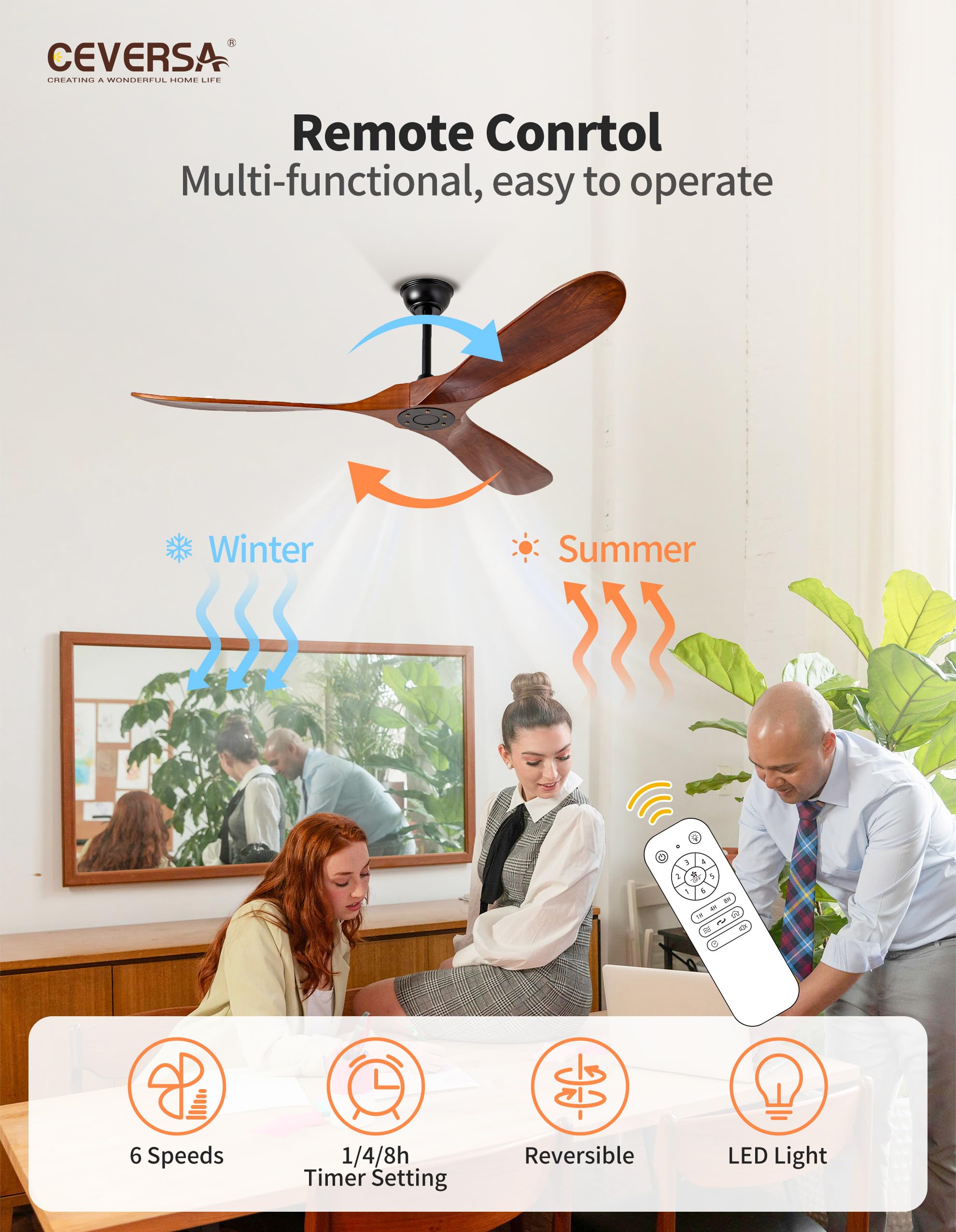 Snapklik.com : 60 Inch Solid Wood Ceiling Fan No Light Remote Control ...