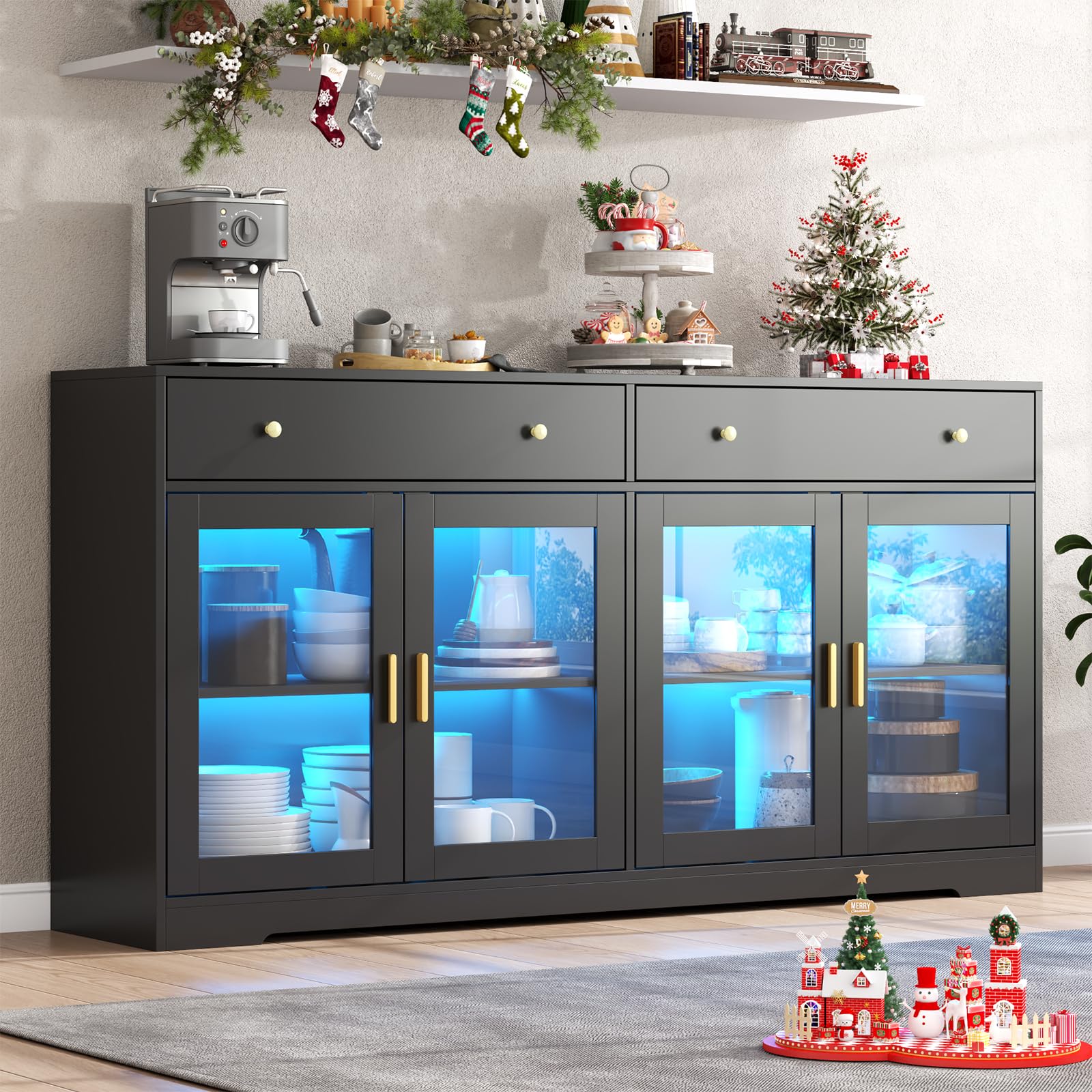 Amazon.com: Sideboard Buffet Cabinet with LED Lights, 55.1 Storage ...