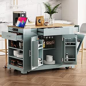 Amazon.com: MEETFAV Rolling Kitchen Island on Wheels with Hidden Trash ...
