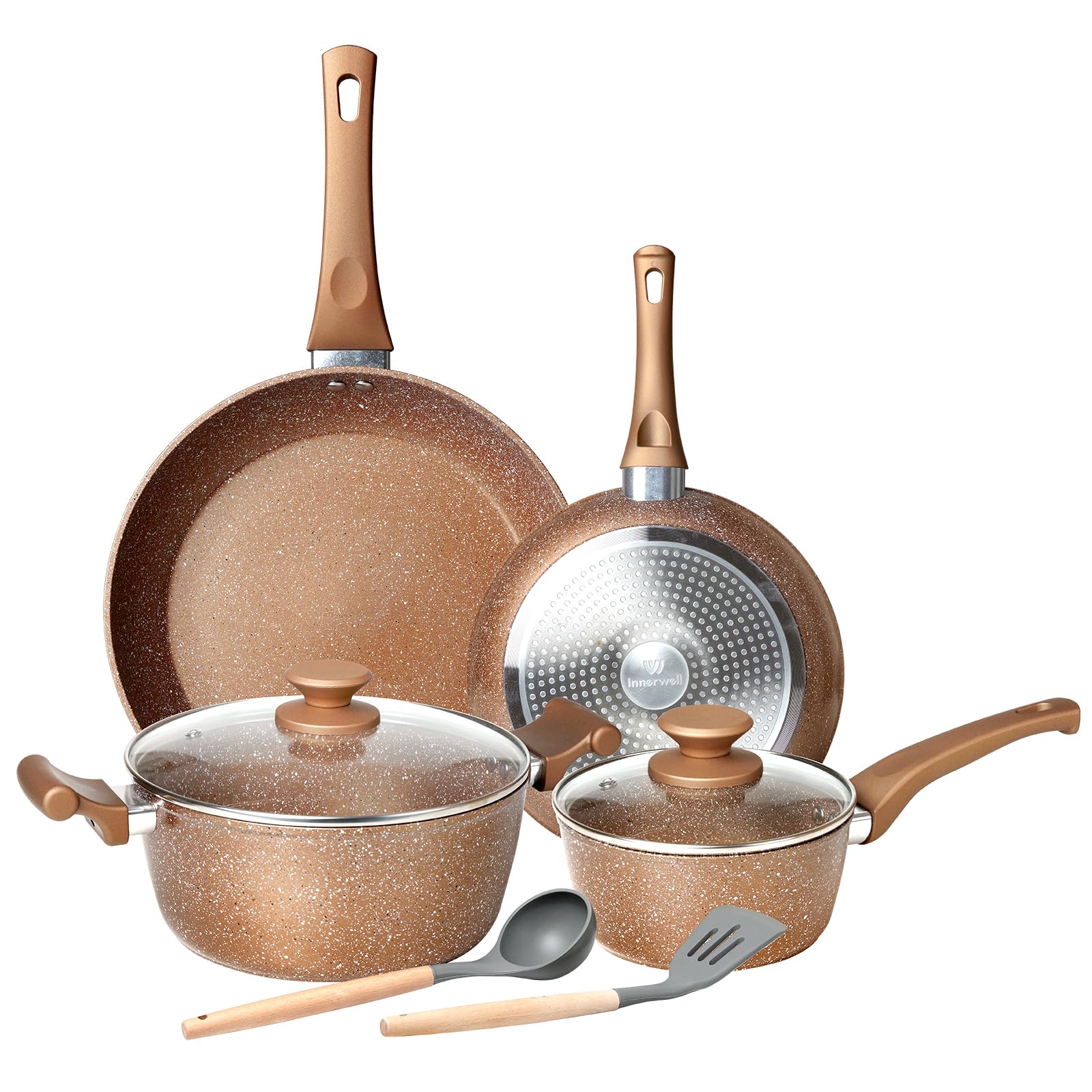 Innerwell Pots and Pans Set, 8 Pieces Non Stick Cookware Set, Gold ...