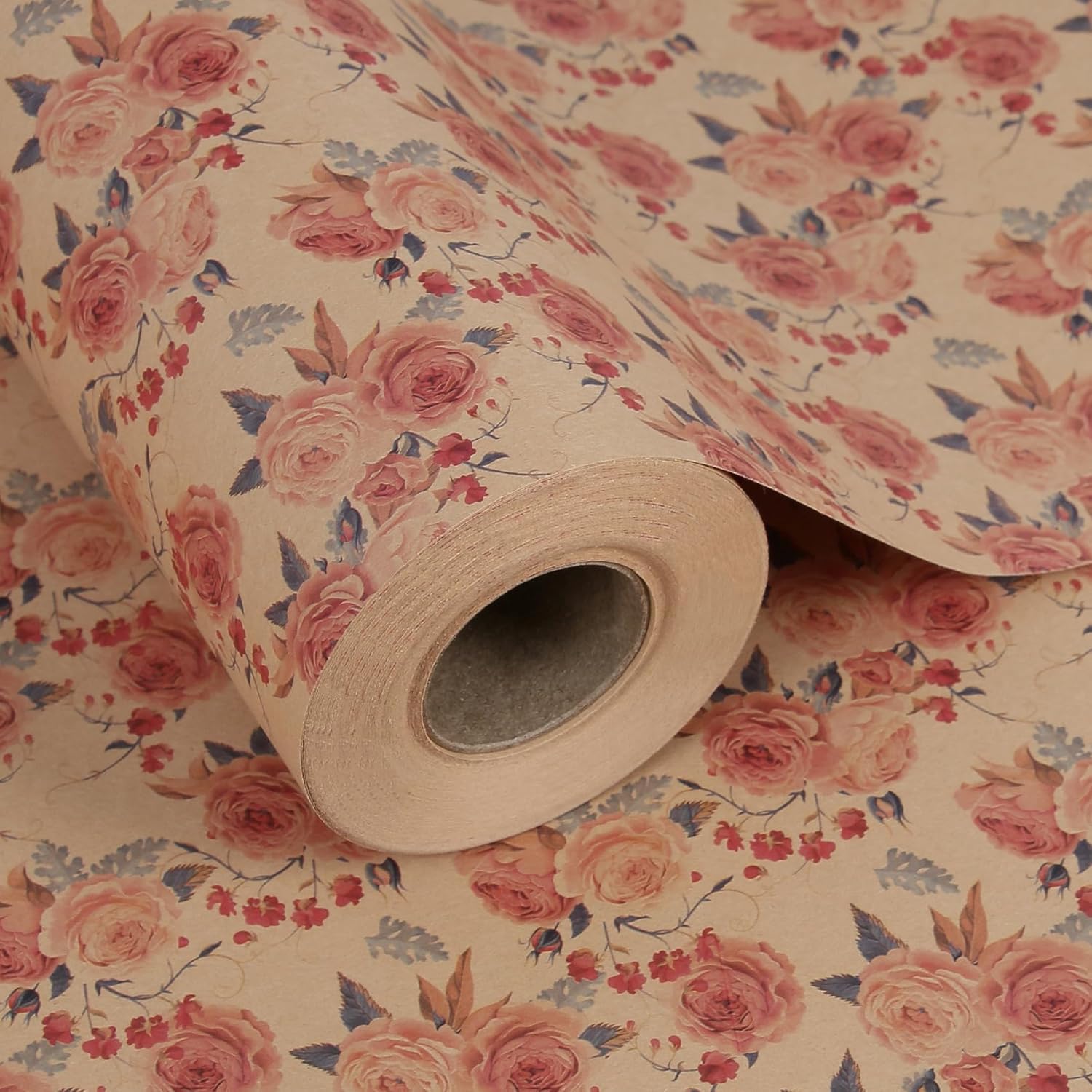 Amazon.com: Aimyoo Pink Rose Floral Kraft Wrapping Paper Roll, All ...