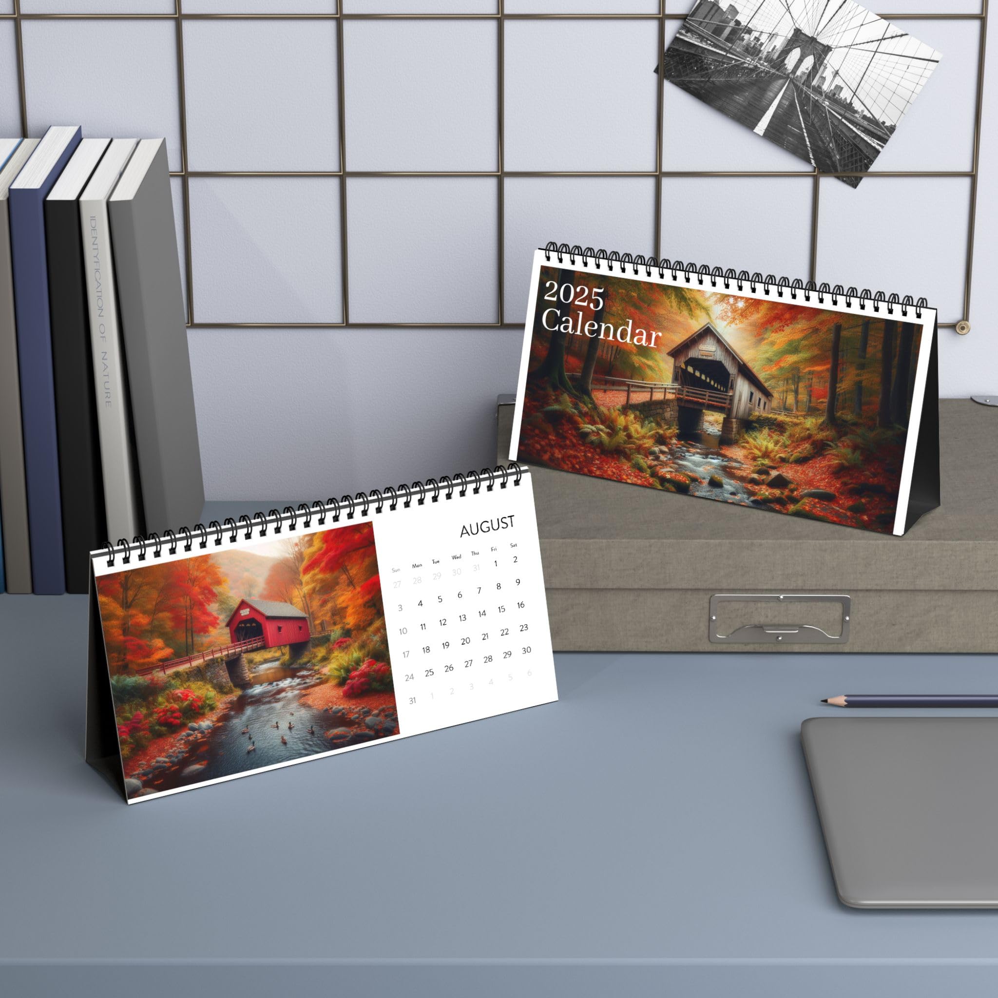 Amazon.com : Fall Covered Bridge Desktop Calendar (2025 grid) : Office ...