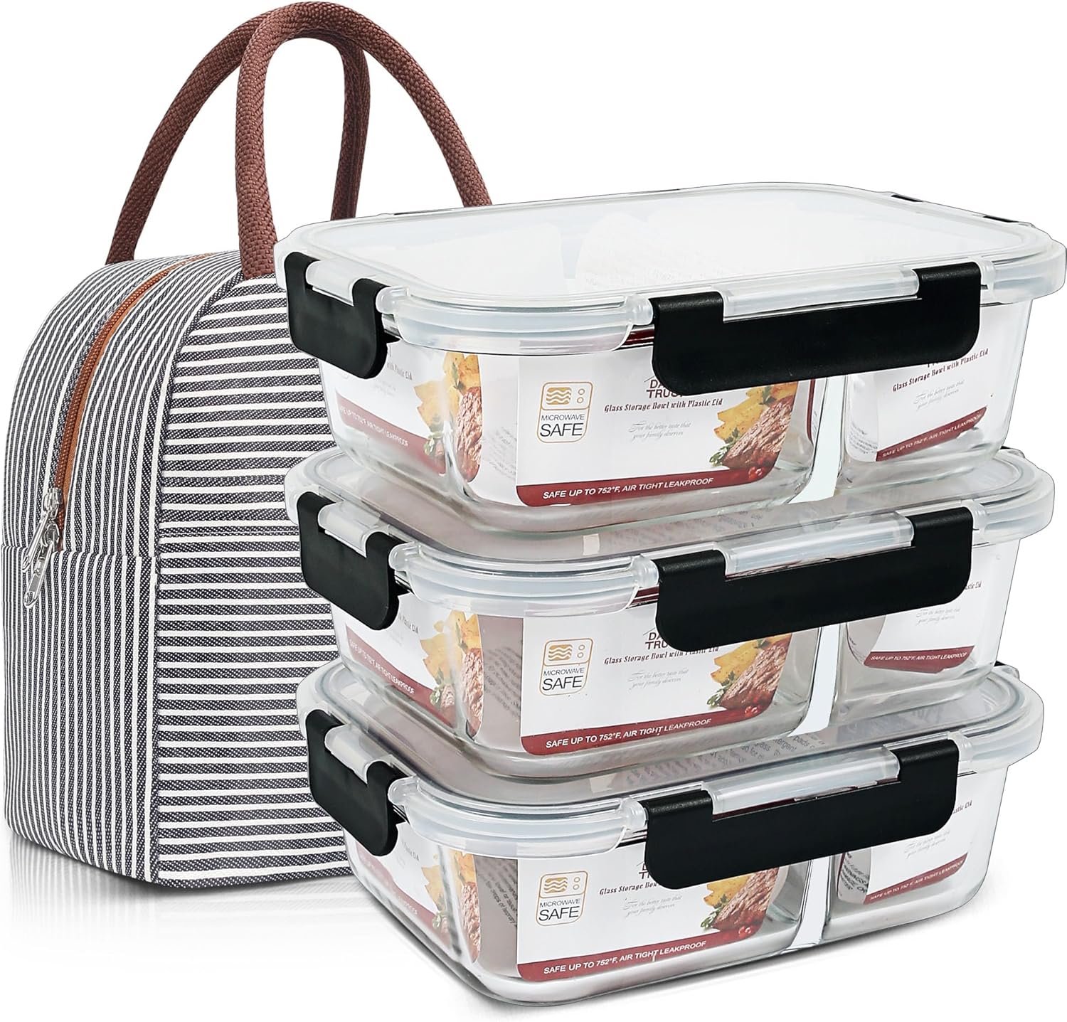 DAS TRUST 3 Pack Food Storage Containers 2 Compartments Glass Meal Prep ...