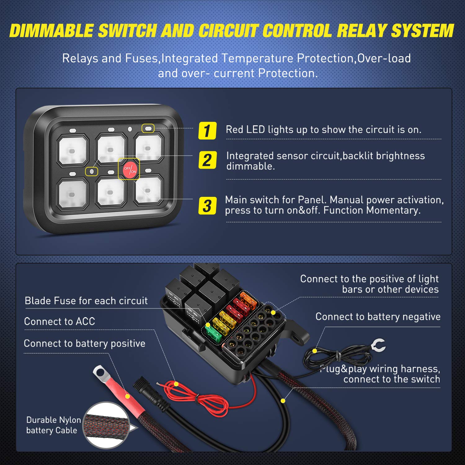 Nilight 6 Gang Switch Panel Universal Circuit Control Relay System with ...