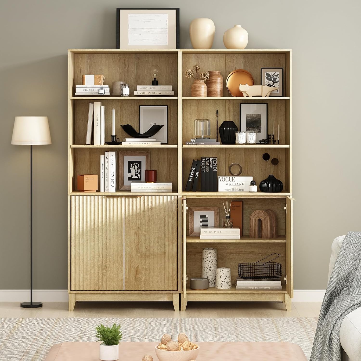 Amazon.com: Wnuterss Fluted Bookshelf with Two Doors Cabinet, 70" Tall ...