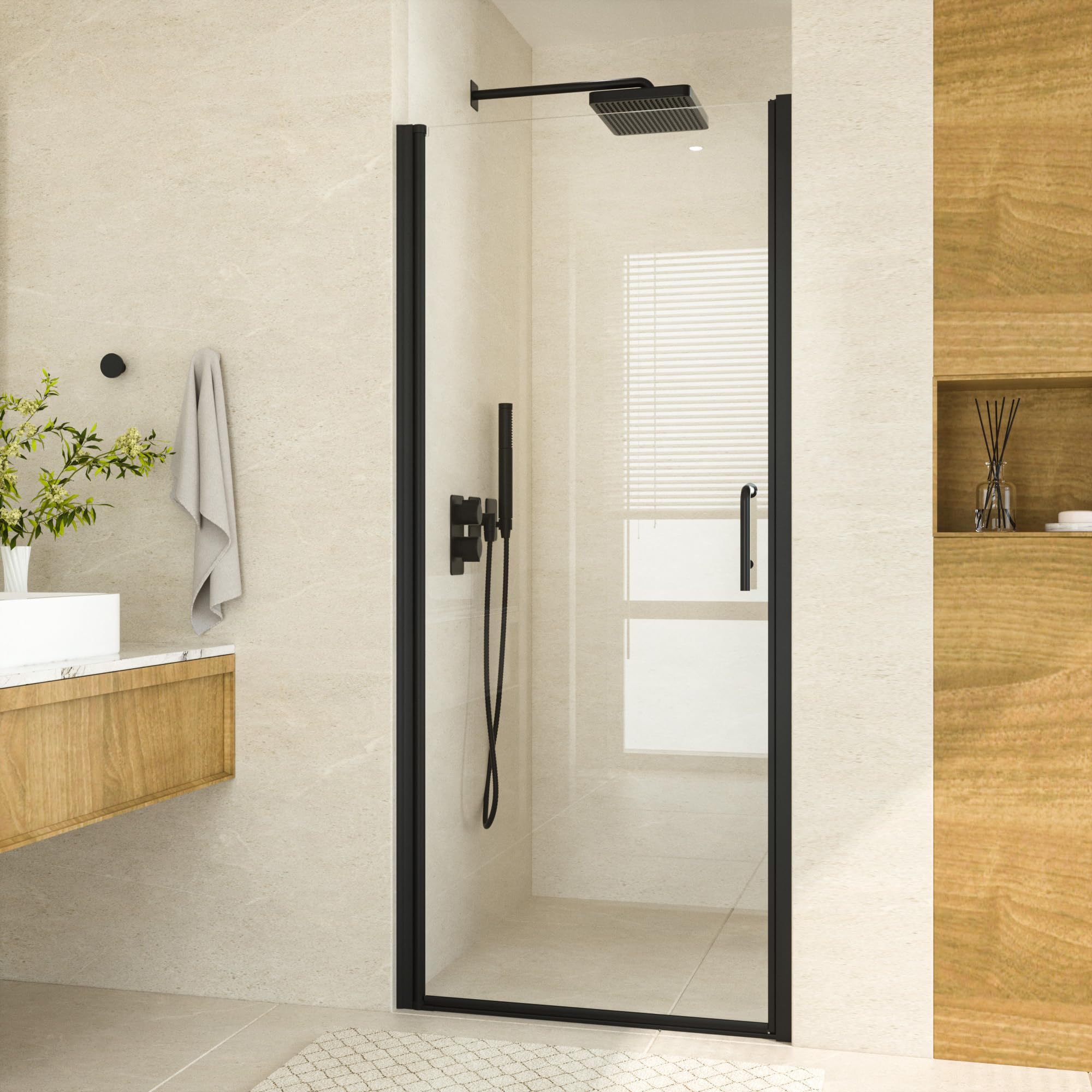 Keonjinn 32" W x 72" H Black Frameless Glass Shower Door, Pivot Swing ...