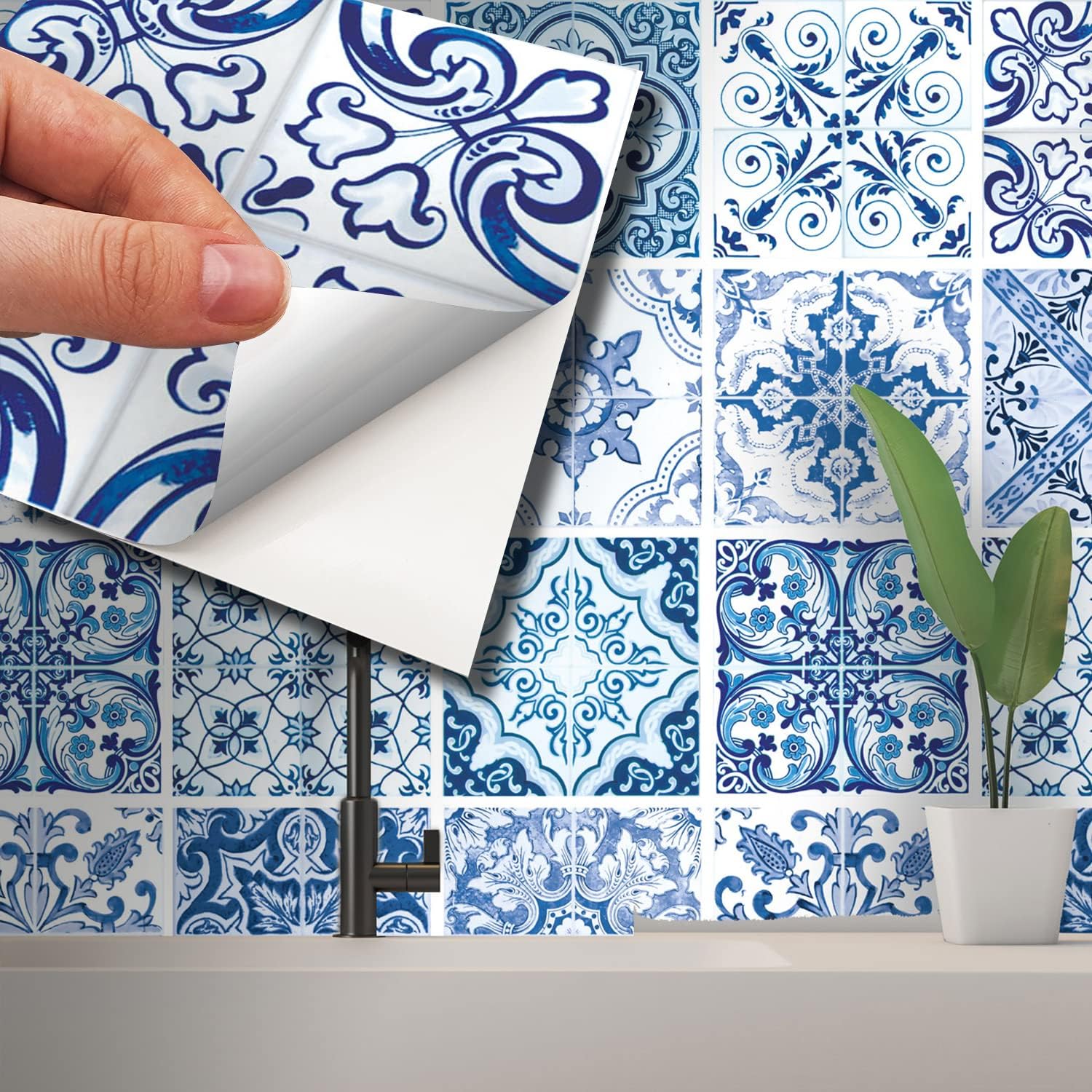 WALPLUS 15cm(6") 24 pcs Tile Stickers Blue Turkish MediterraneanPeel ...