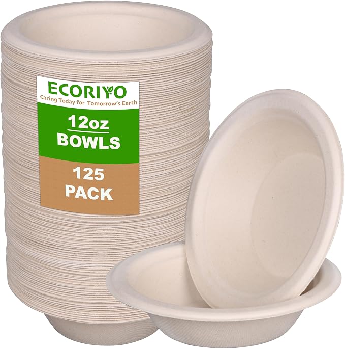 Amazon.com: ECORIYO Disposable Paper Bowls 12oz - 125-Pack Compostable ...