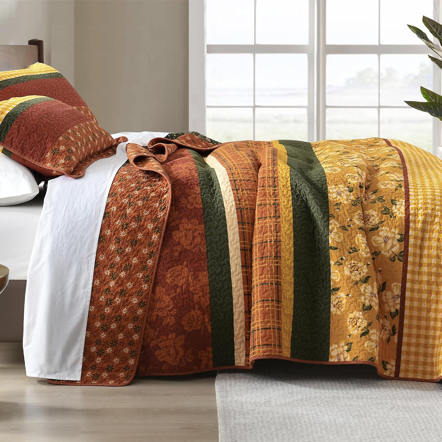 Amazon.com: Finlonte Fall Queen Quilt Set - 100% Cotton Farmhouse Queen ...