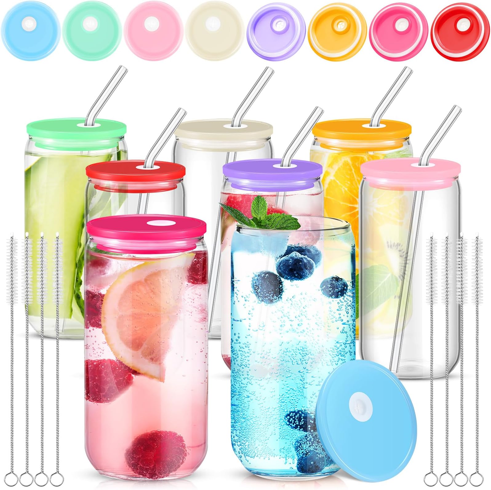 Amazon.com: Domensi 8 Set 16 oz Drinking Glass Cups with Acrylic Lids ...