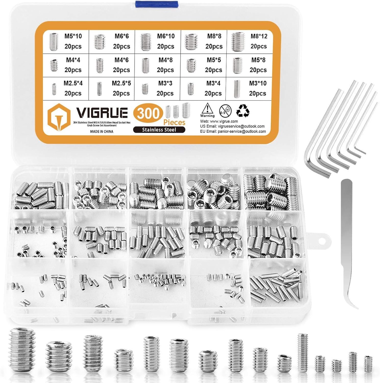 VIGRUE 300 Stück Madenschrauben Set, M2.5 M3 M4 M5 M6 M8 Innensechskant Gewindestifte mit ...