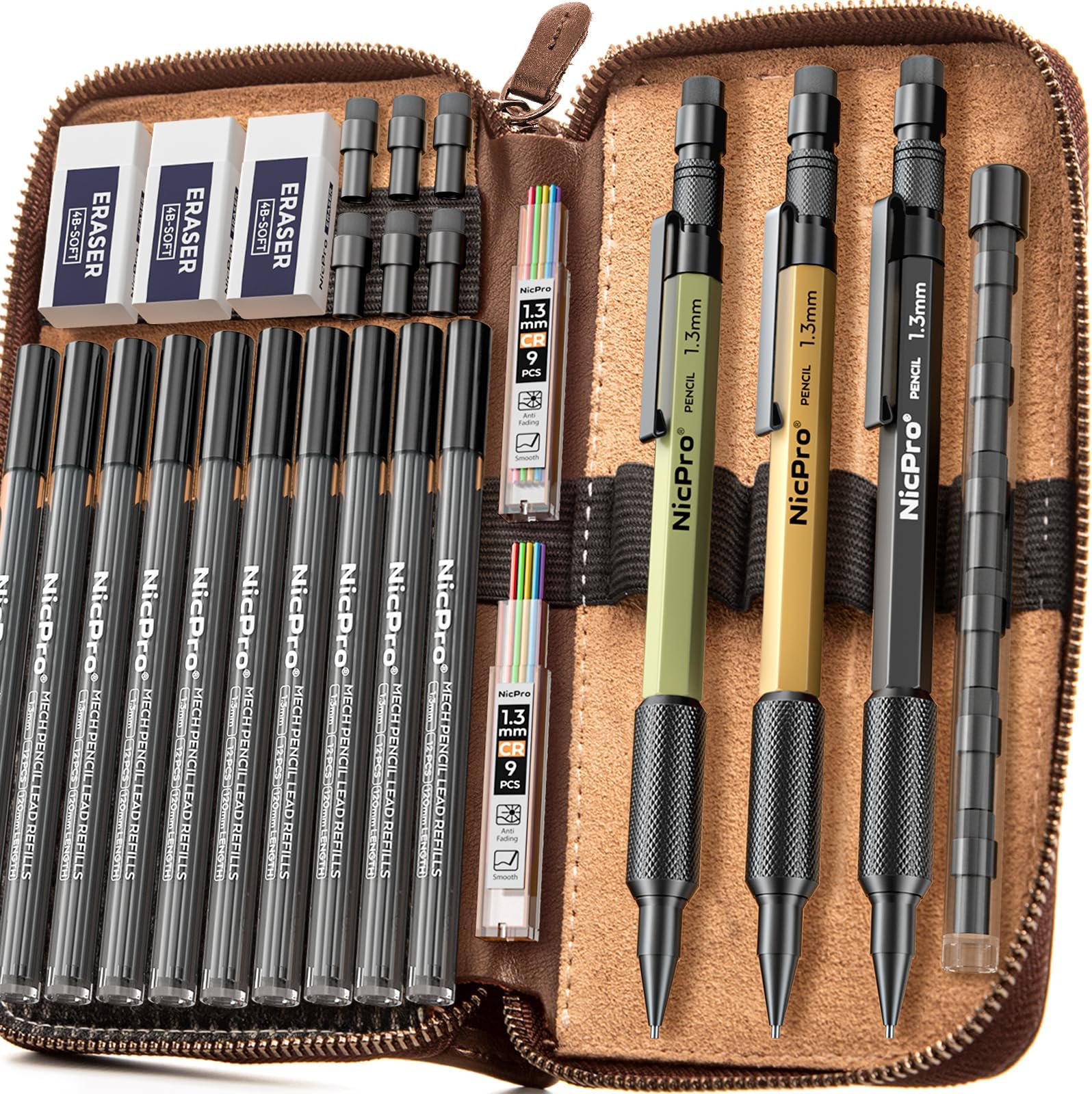 Nicpro 21PCS 1.3 mm Mechanical Pencil Set in Leather Bag with 138 Lead ...
