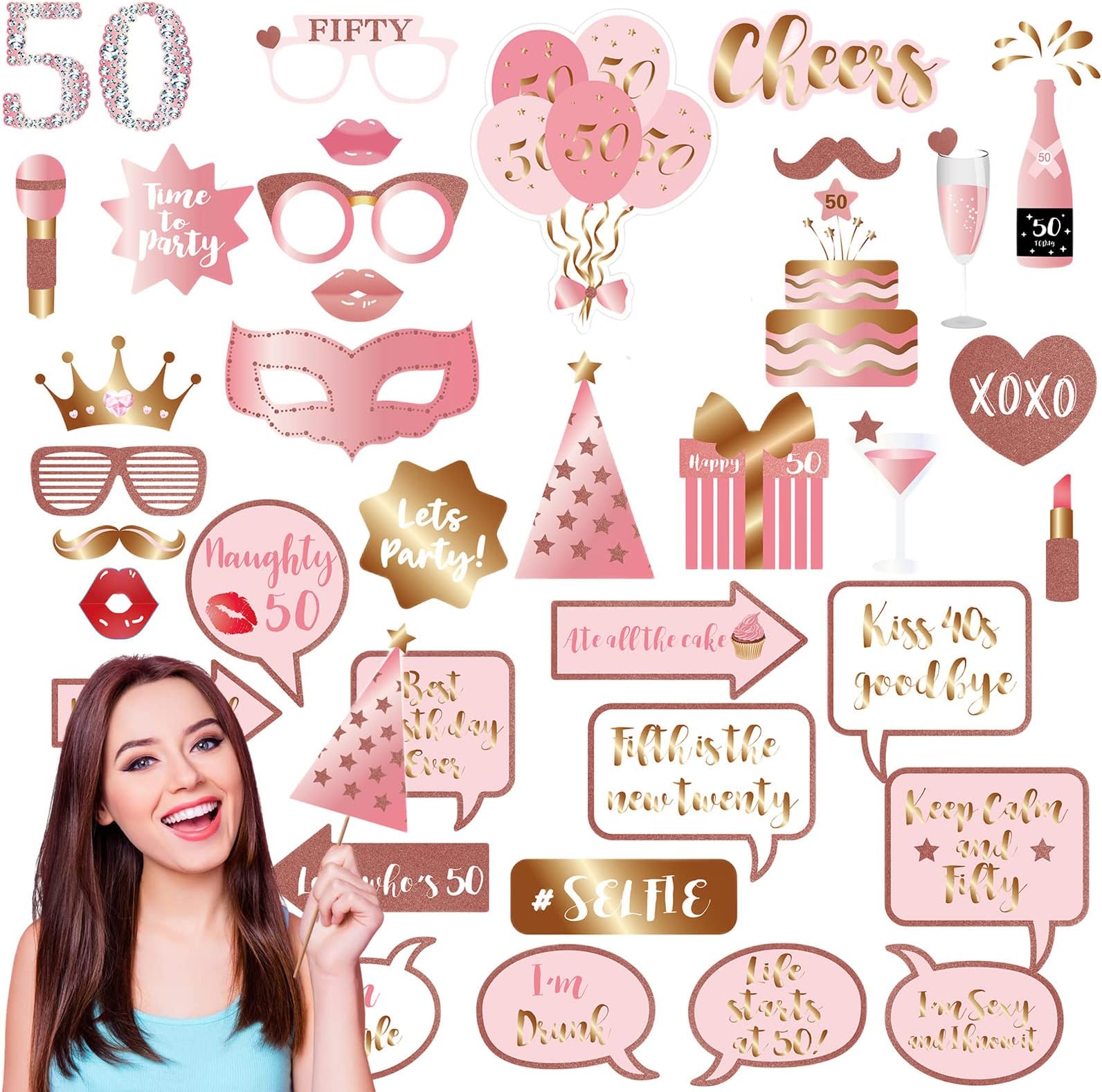 Losuya 33pcs Birthday Party Photo Booth Props and Signs Rose Gold ...