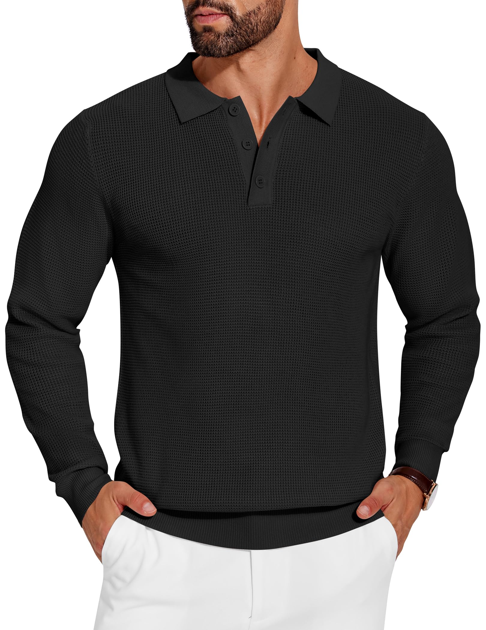 COOFANDY Mens Knit Polo Shirts Long Sleeve Sweater Casual Waffle ...