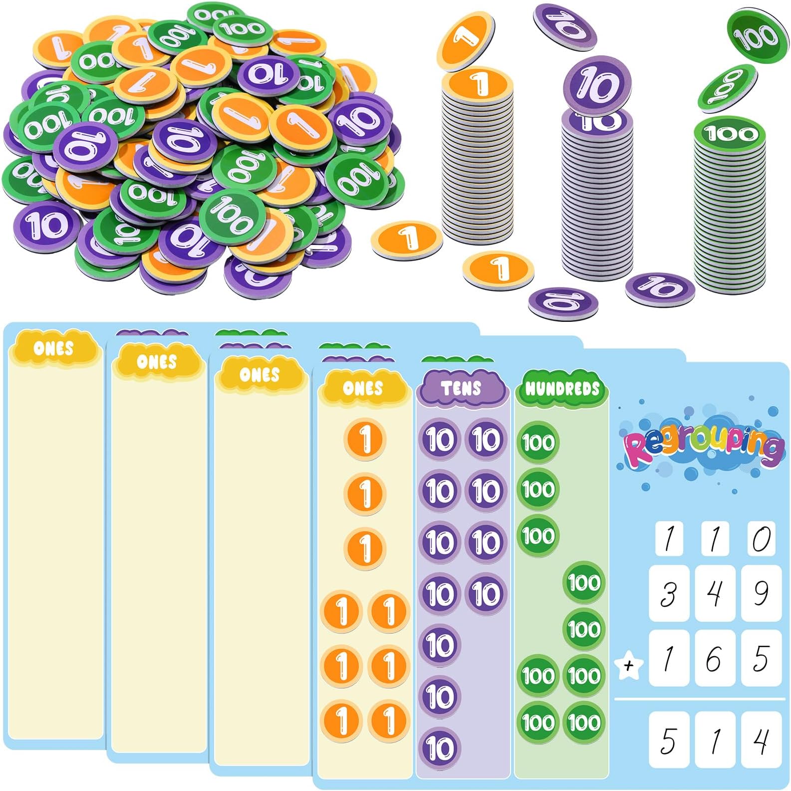 Amazon.com: ReliThick 4 Sets Regrouping Base Ten Place Value, Addition ...