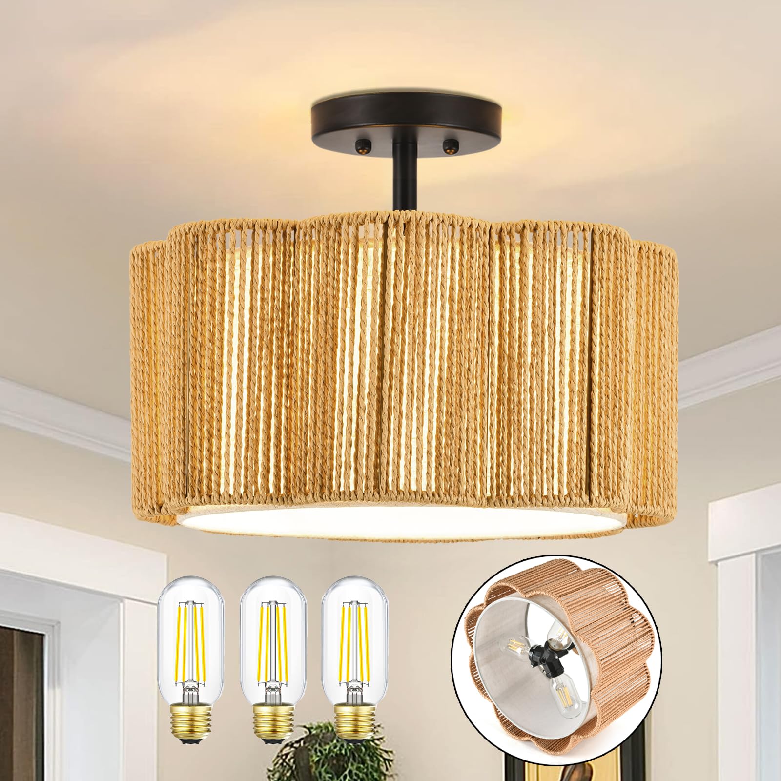 Rattan Semi Flush Mount Ceiling Light Fixture,3-Light Woven Rattan ...