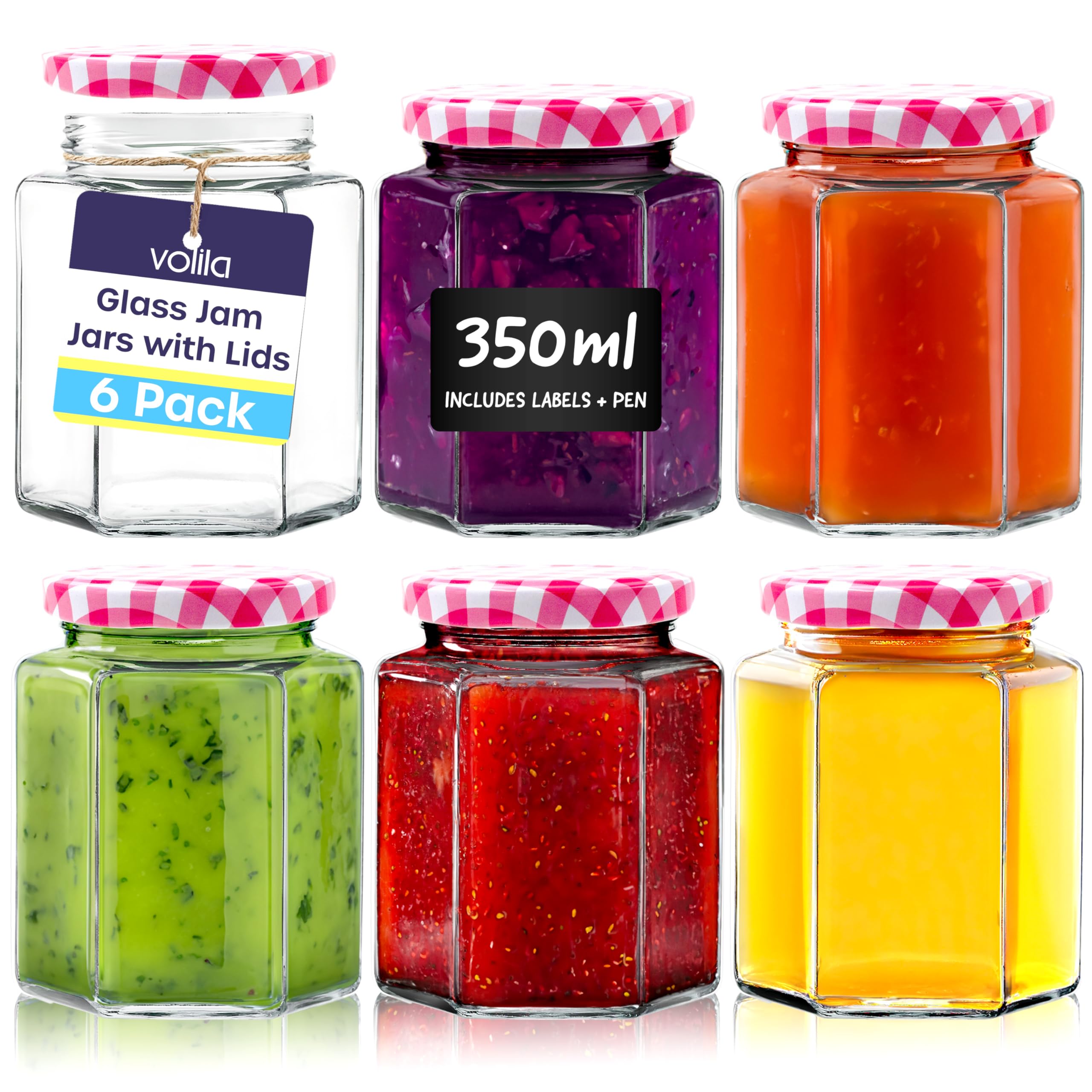 volila Jam Jars with Lids - 350ml Hexagonal Jam Jars with Red Gingham ...