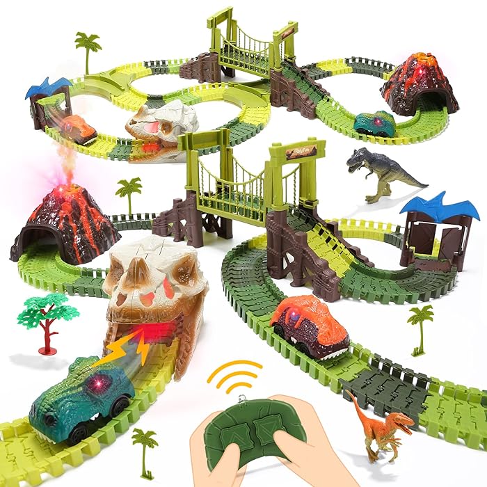 Buy HOLYFUN Dinosaur Toys Race Car Tracks for Kids, Flexible Track ...