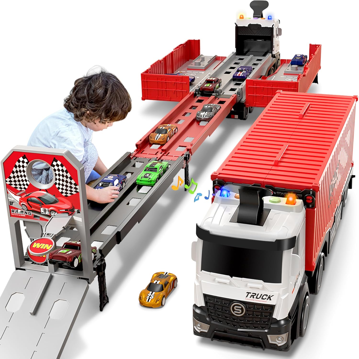 Amazon.com: Carrier Truck Race Track Kids Toys, Foldable 3 Layer Car ...