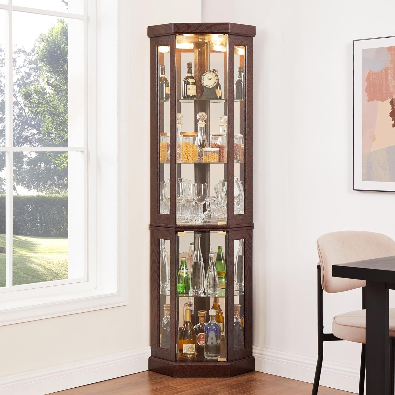 Amazon.com: Lighted Corner Display Curio Cabinet Wooden Shelving Unit ...