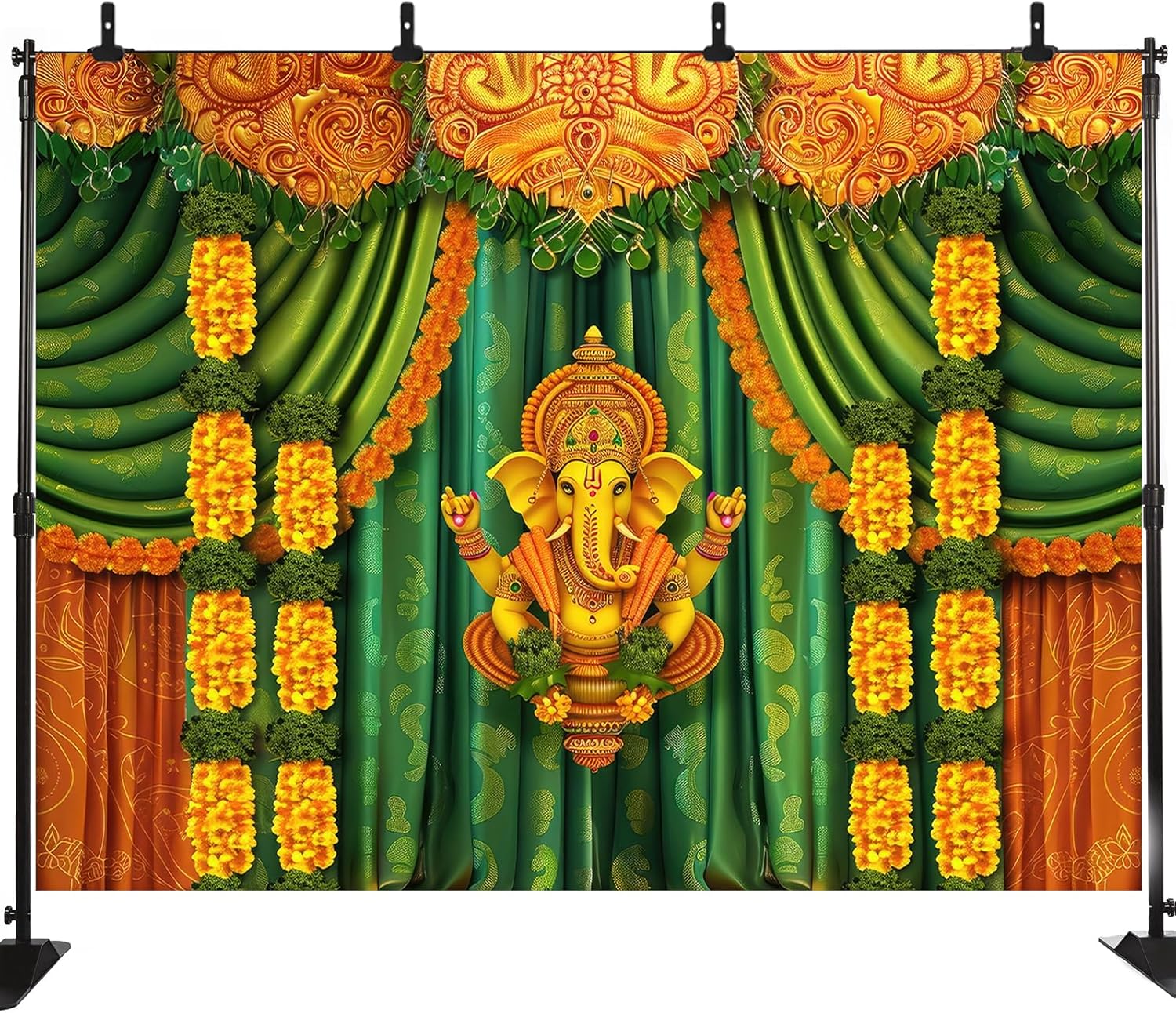 Amazon.com : India Pooja Traditional Backdrop Green Leaf Chatiya Ganesh ...