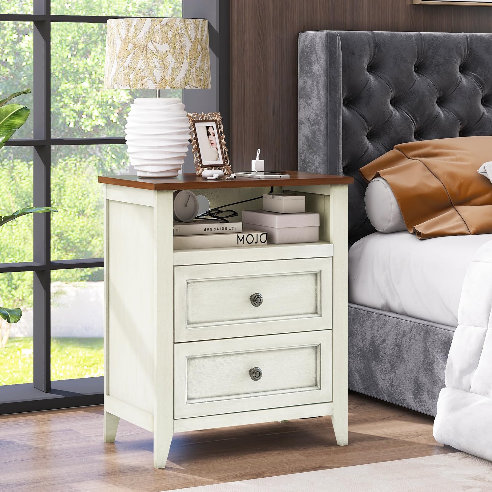 Amazon.com: Nasonet Nightstand with Charging Station, 20 Inch Wide End ...