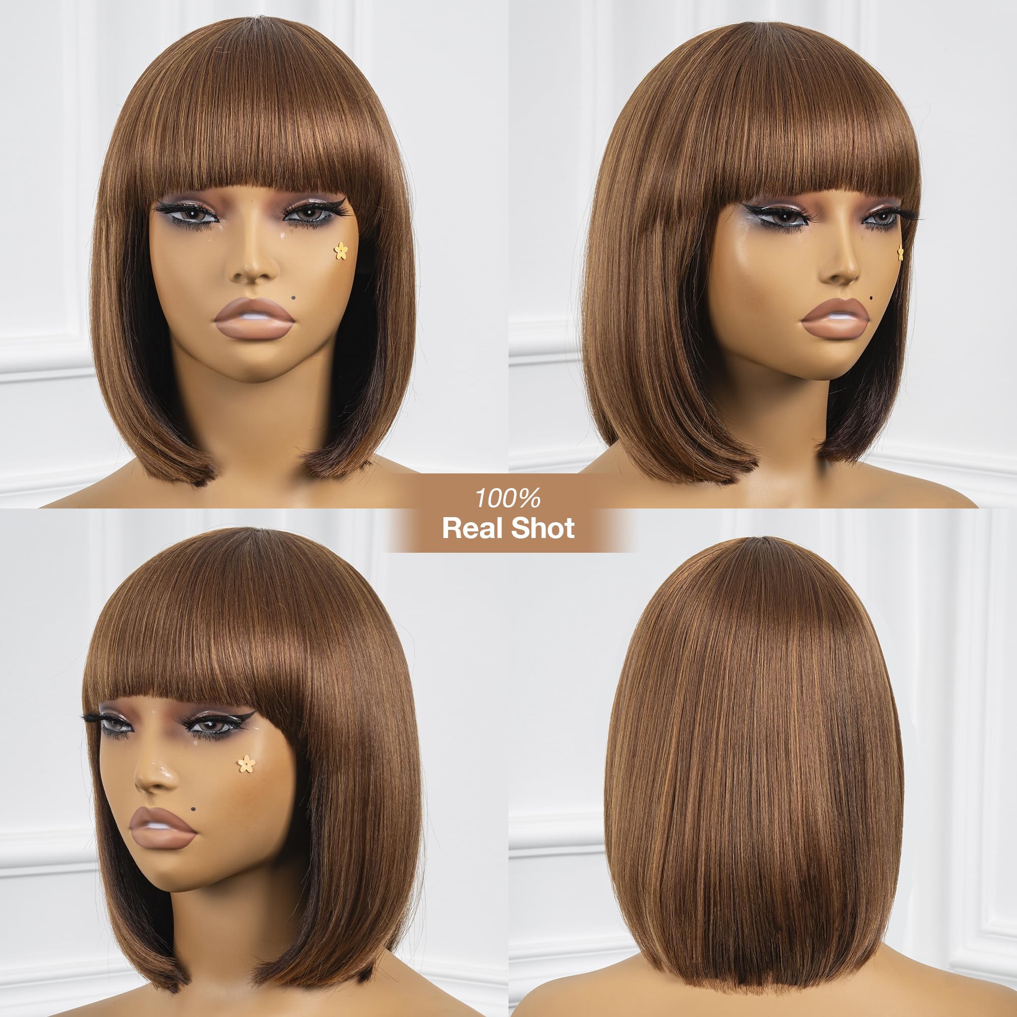 ToyoTress Brown Bob Wigs With Bangs - 10 Inch Short Light Yaki Straight ...